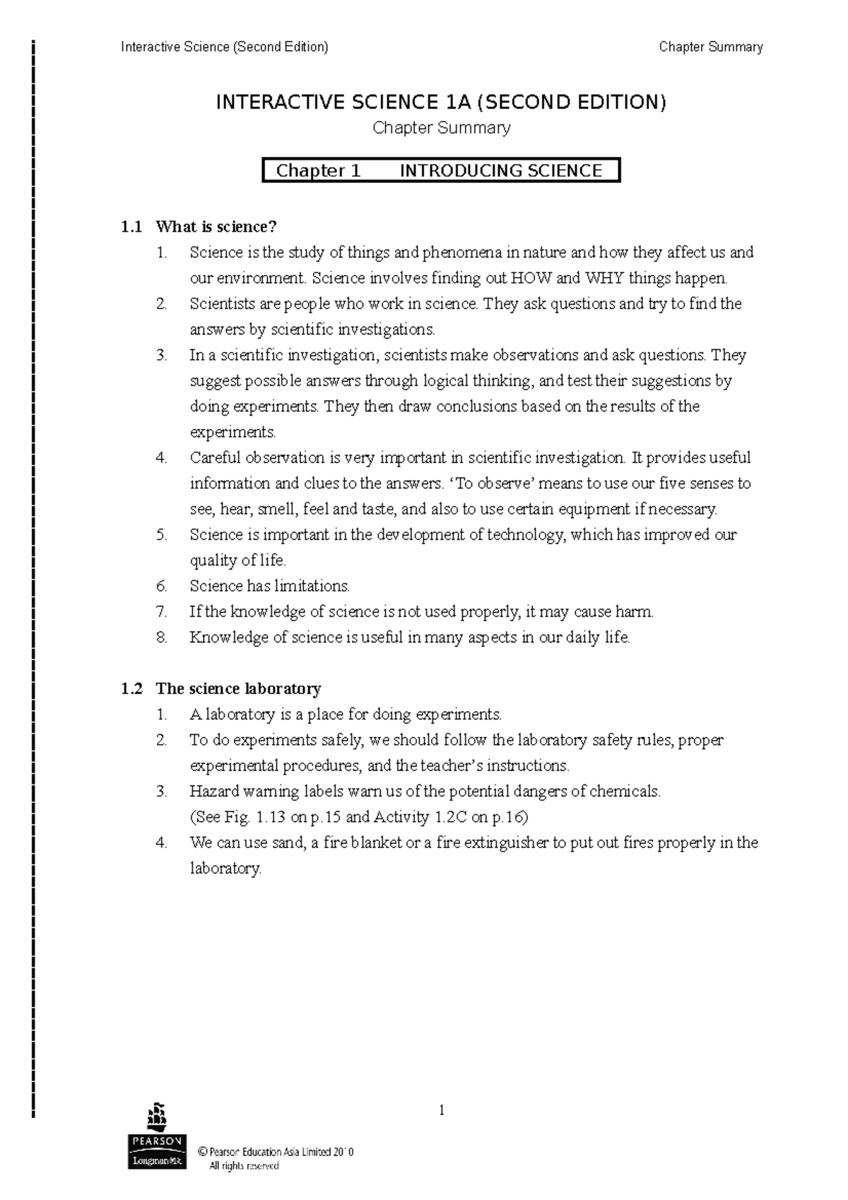 Ch1 summary e - ..... - INTERACTIVE SCIENCE 1A (SECOND EDITION) Chapter ...