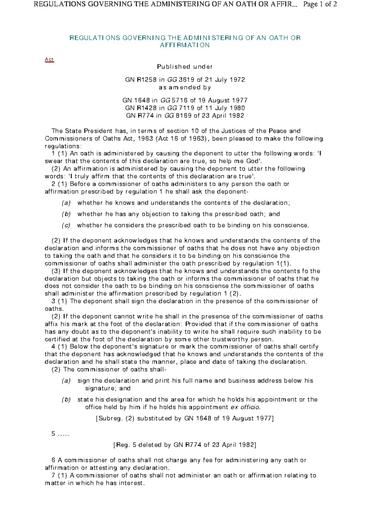Gg3619 1972 oaths - commissioners of oatsh guide - REGULATIONS GOVERNING THE ADMINISTERING OF AN ...