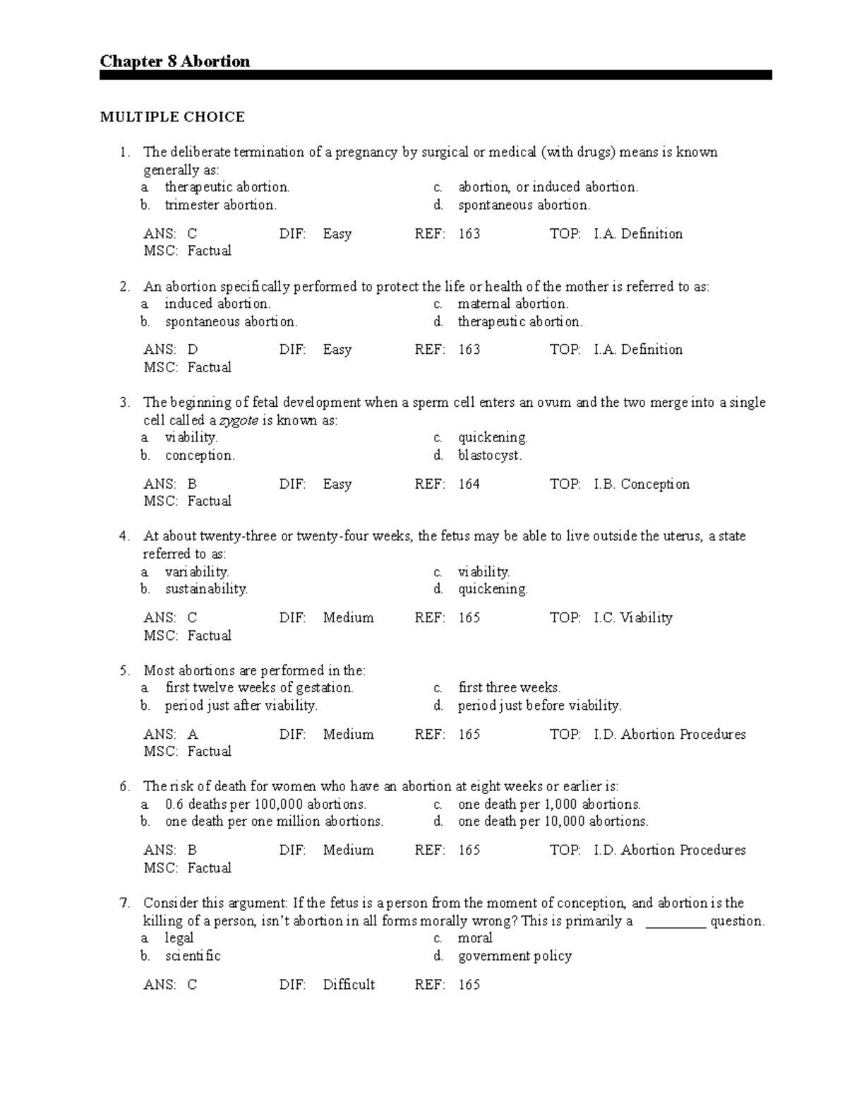 Ch8 - Abortion - Chapter 8 Abortion MULTIPLE CHOICE The deliberate ...