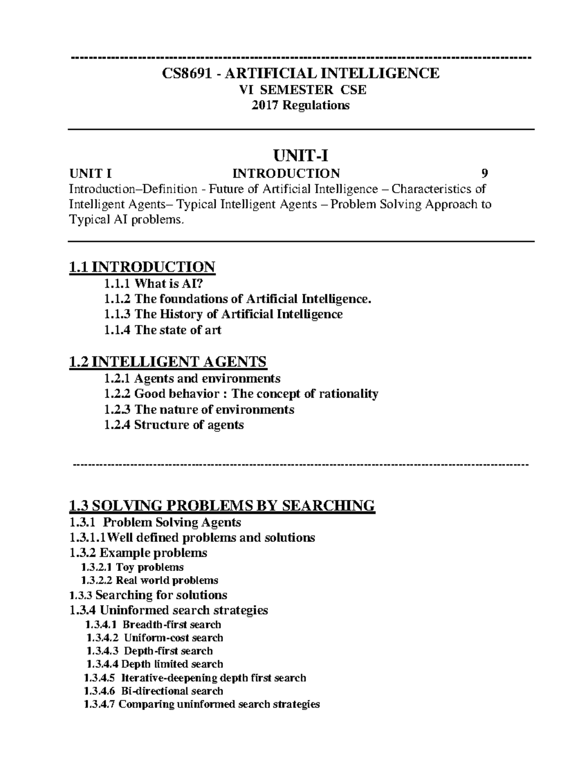 AI UNIT 1 Material - CS8691 - ARTIFICIAL INTELLIGENCE VI SEMESTER CSE 2017 Regulations UNIT-I ...
