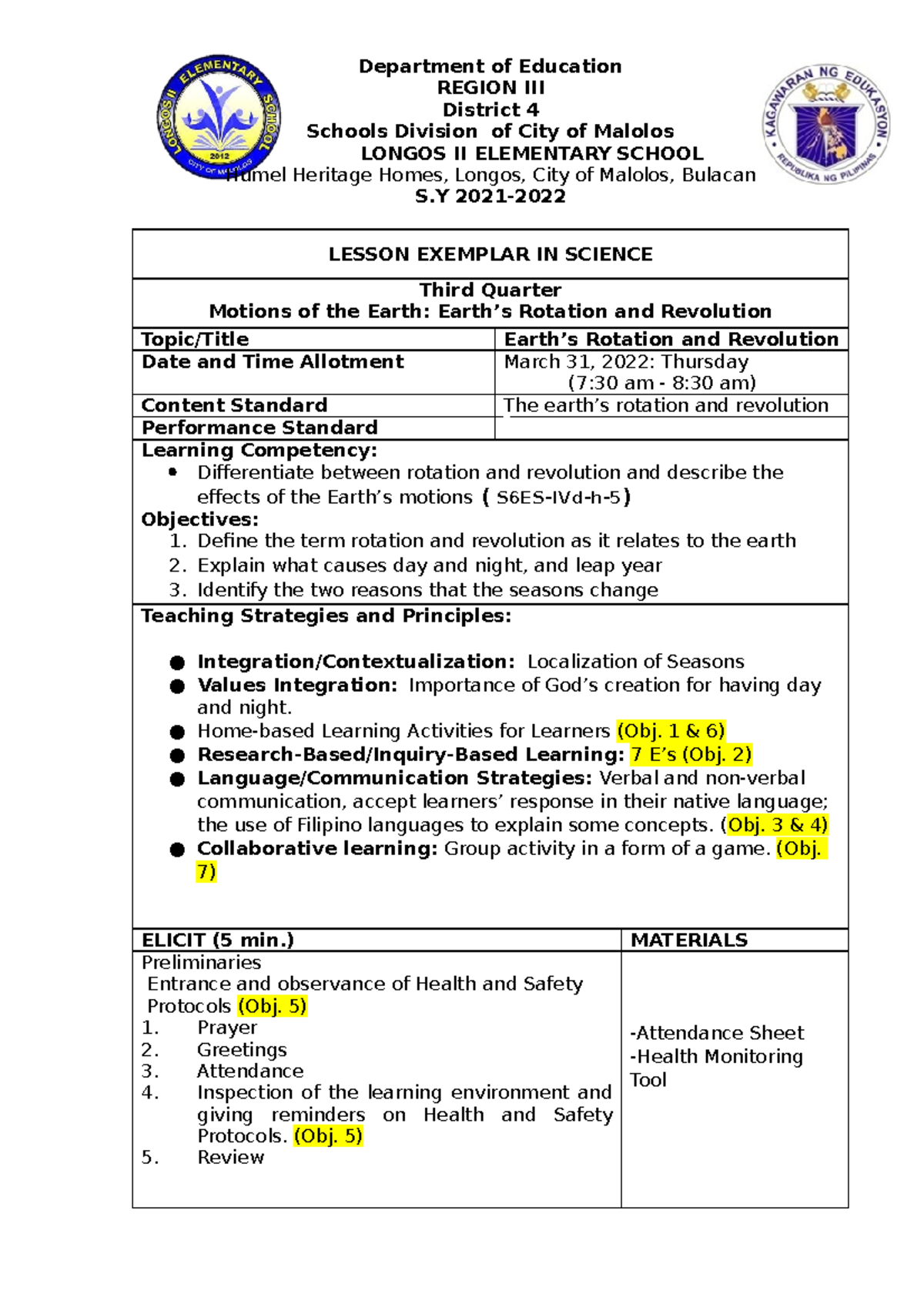 Earth Rotation - Lesson Exemplar - REGION III District 4 Schools ...