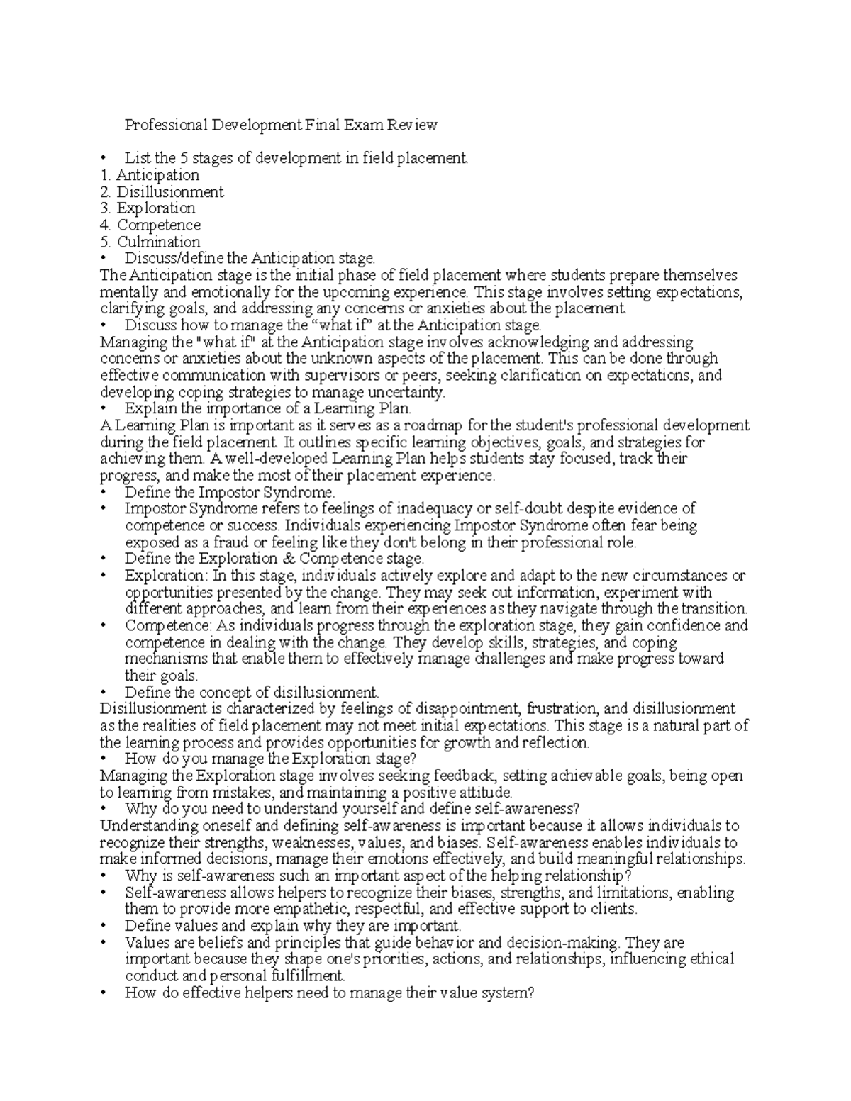 Final Exam Review - Professional Development Final Exam Review List the 5 stages of development ...