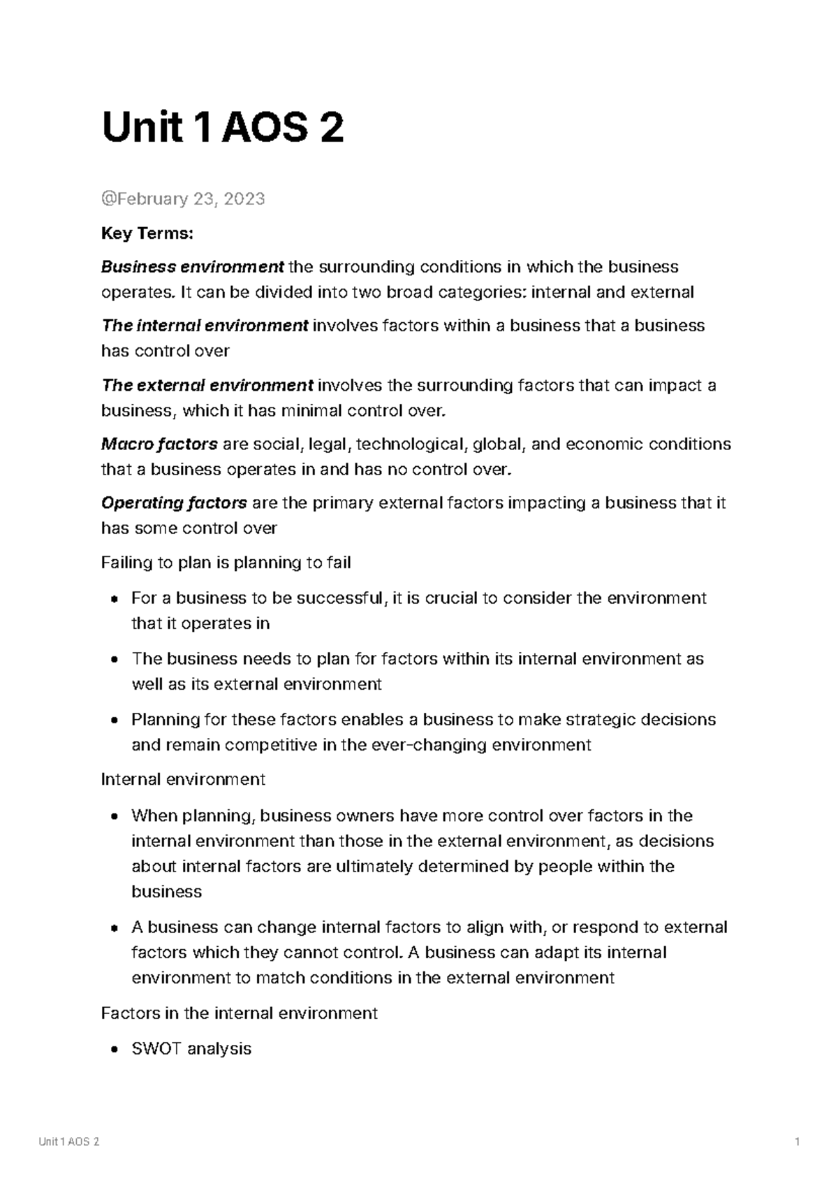 Unit 1 AOS 2 - BM - Unit 1 AOS 2 Key Terms: Business environment the ...