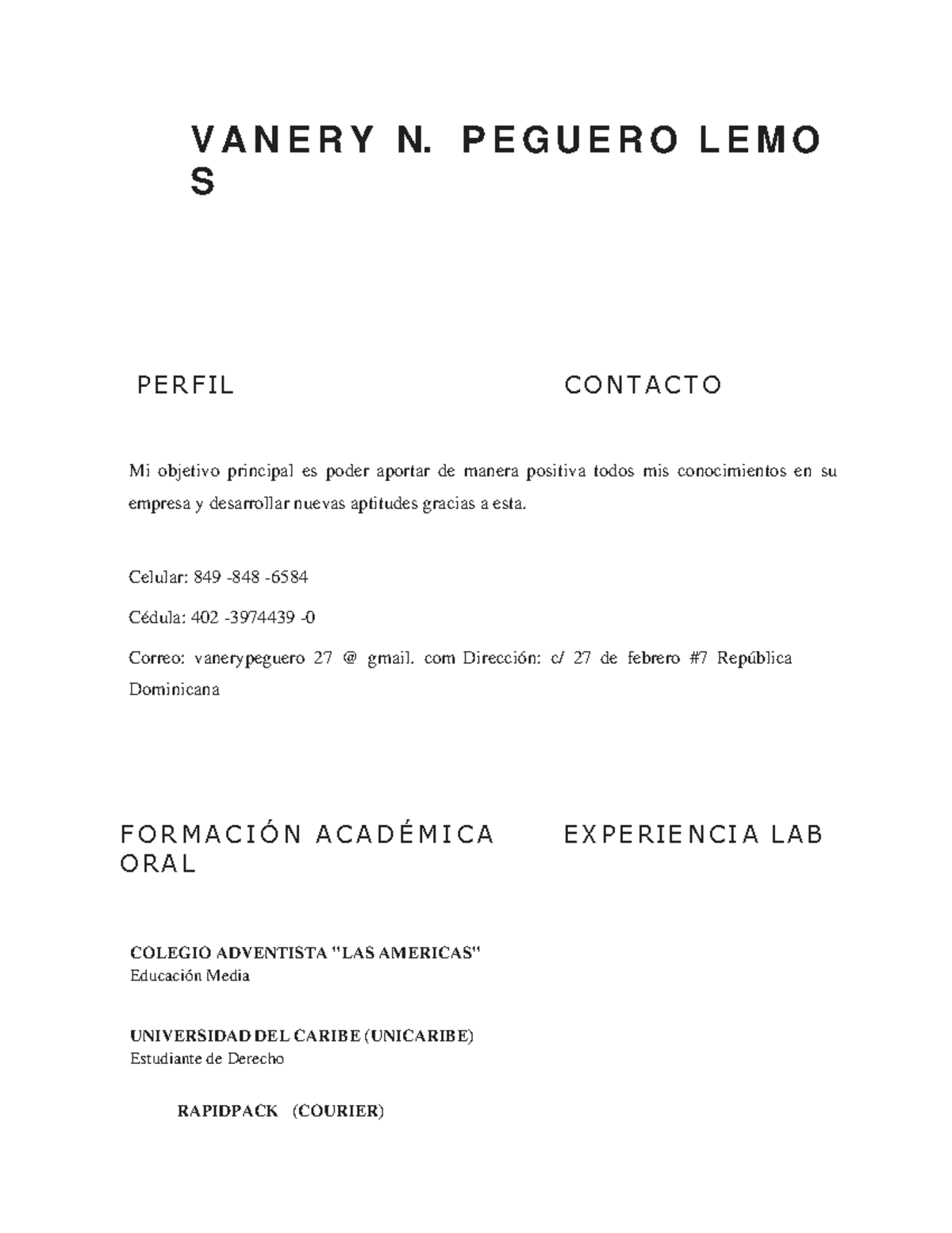 Curriculum de Vanery Peguero Lemos rn - V A N E R Y N. P E G U E R O L ...