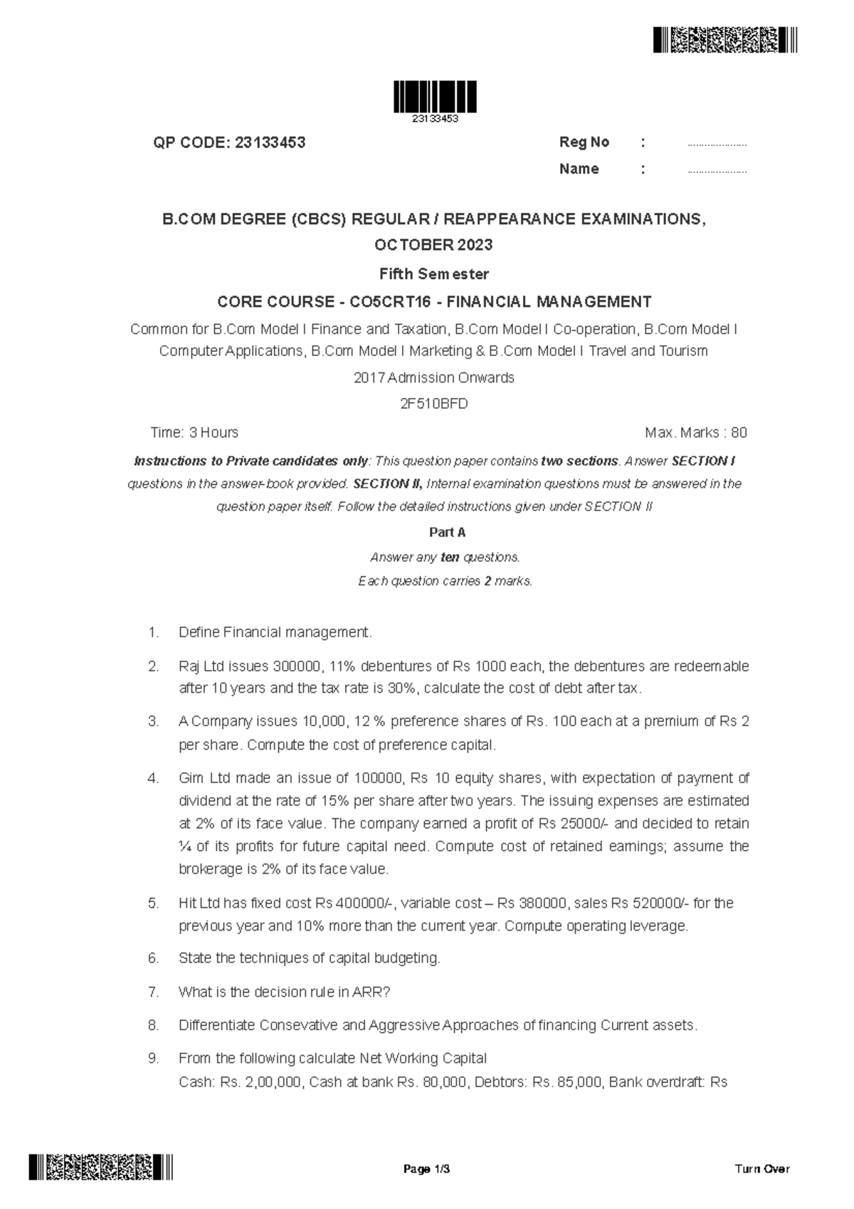 23133453 - Question paper - QP CODE: 23133453 Reg No : ..................... Name : - Studocu