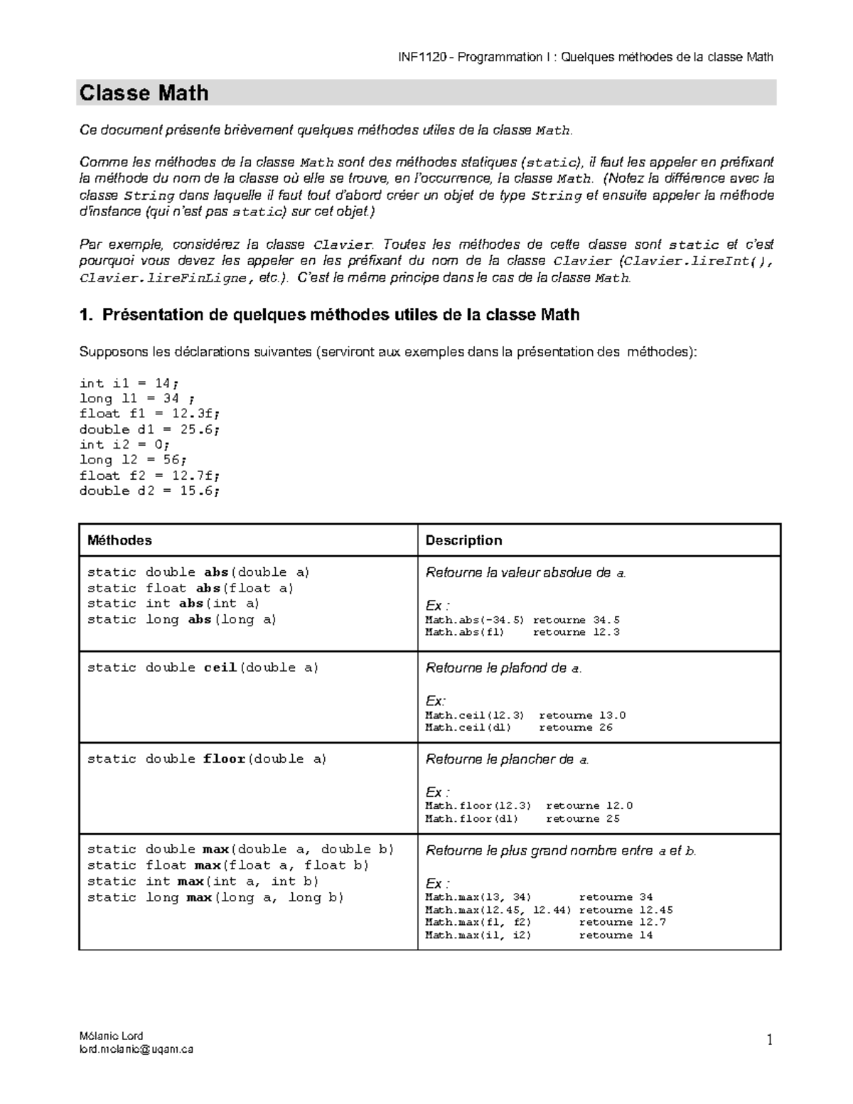 Notes Cours Classe Math - INF1120 - Programmation I : Quelques méthodes ...