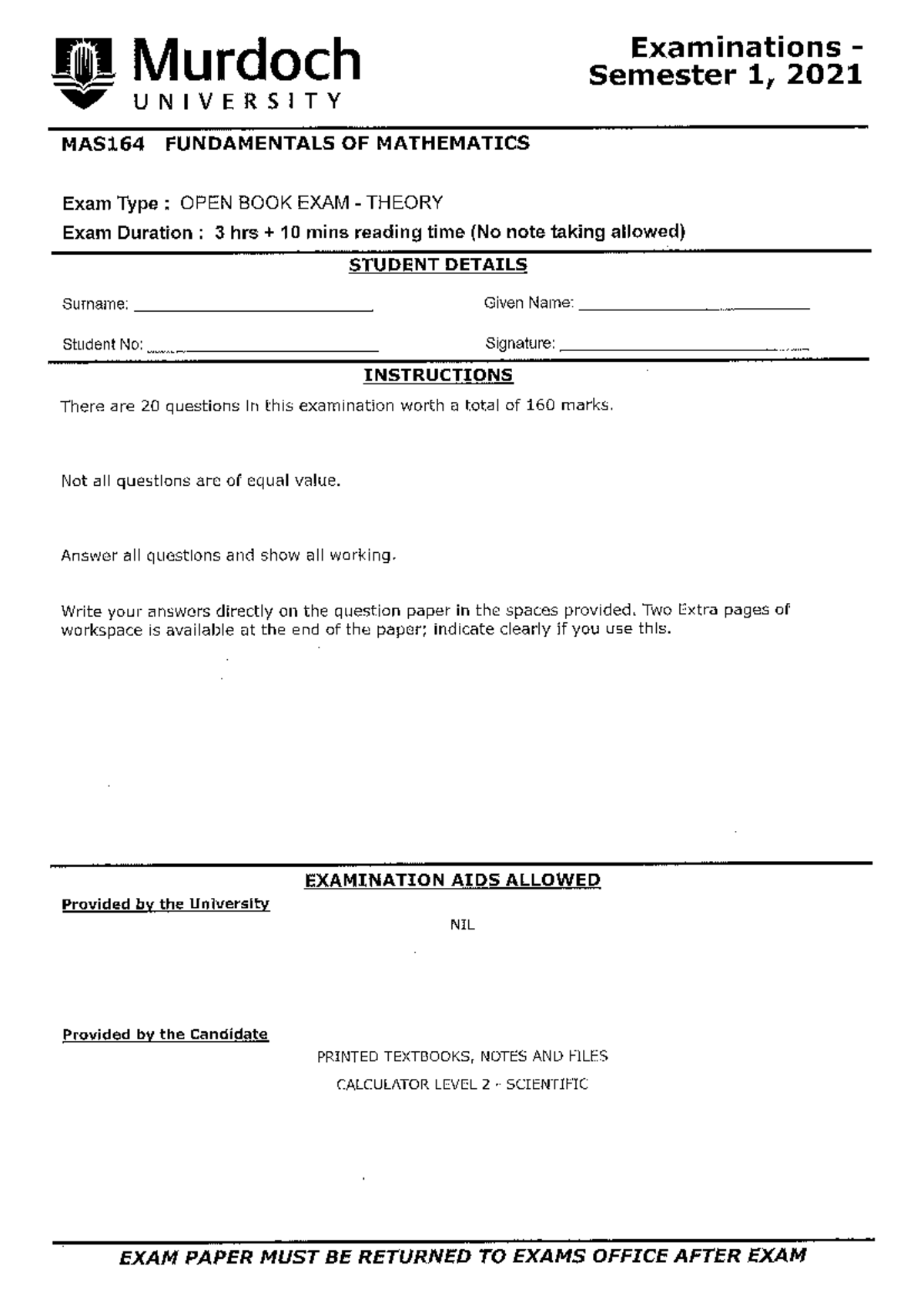 MAS164 m2021s1 - Exam practice questions - MAS164 - Murdoch - Studocu