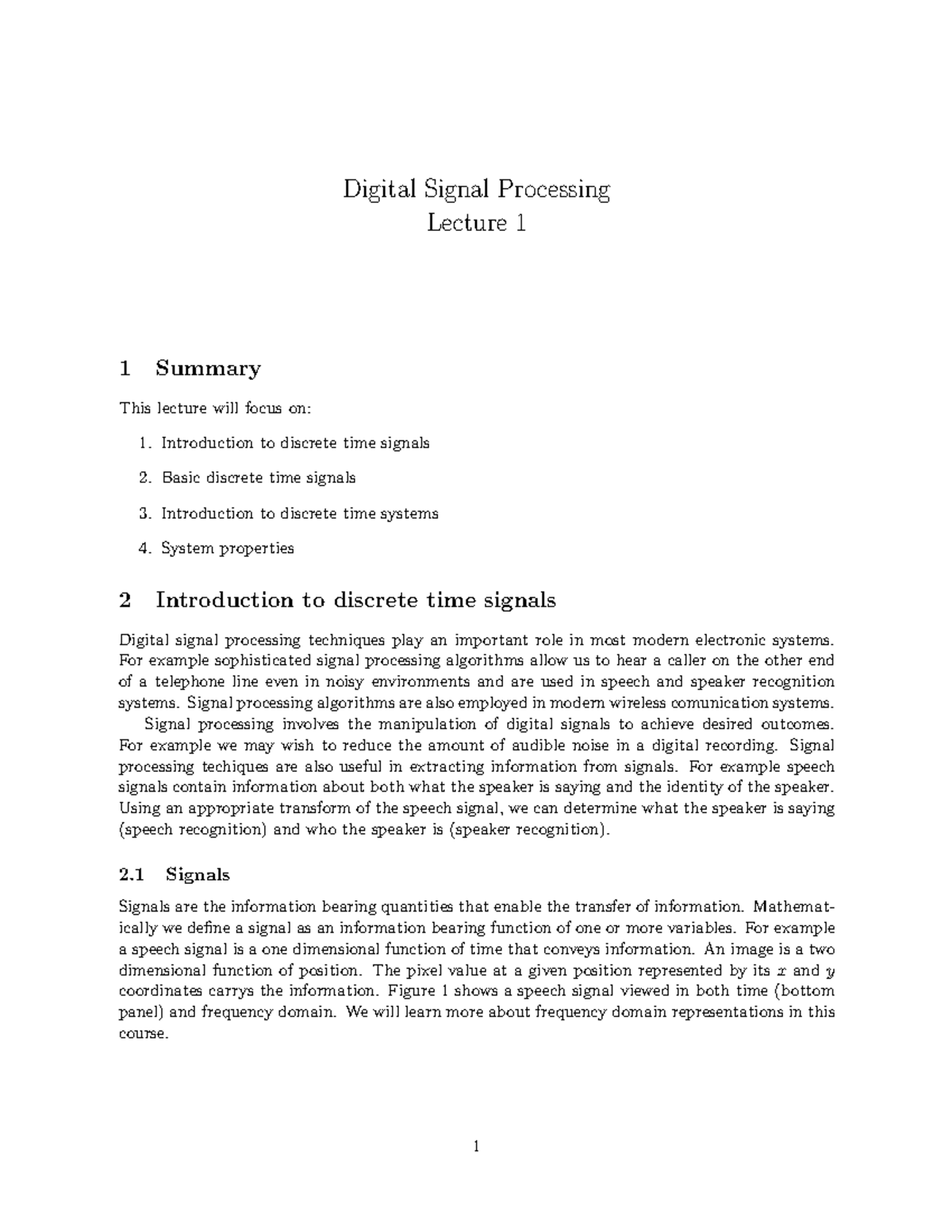 Lecture 1 - dsp notes - Digital Signal Processing Lecture 1 1 Summary ...