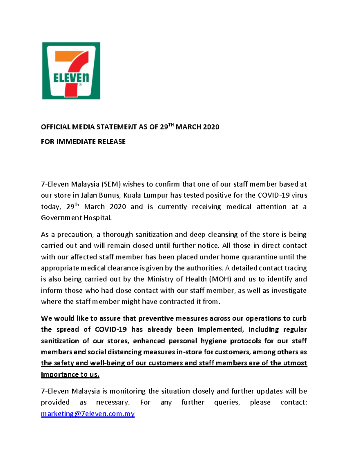 Statement 7E - OFFICIAL MEDIA STATEMENT AS OF 29TH MARCH 2020 FOR ...