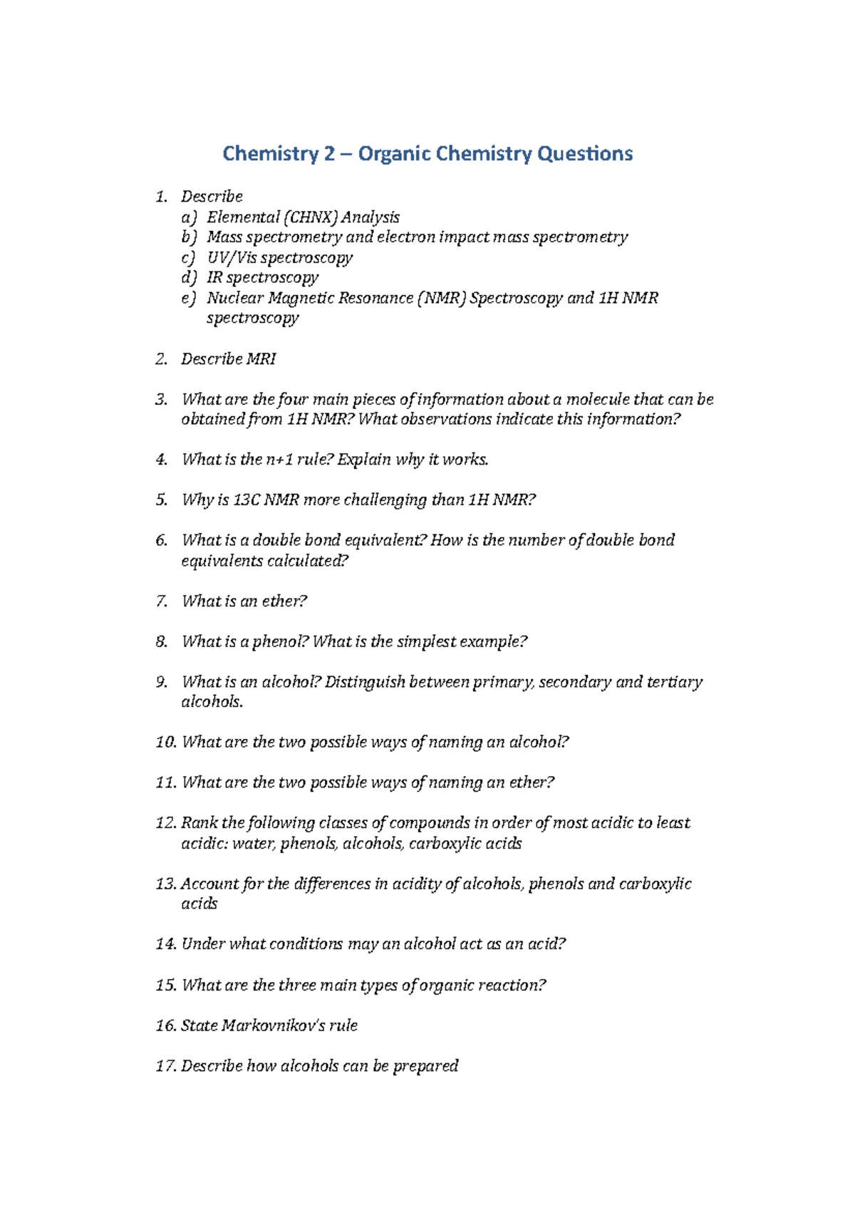 CHEM 2 Organic Practice Questions - Chemistry 2 – Organic Chemistry ...