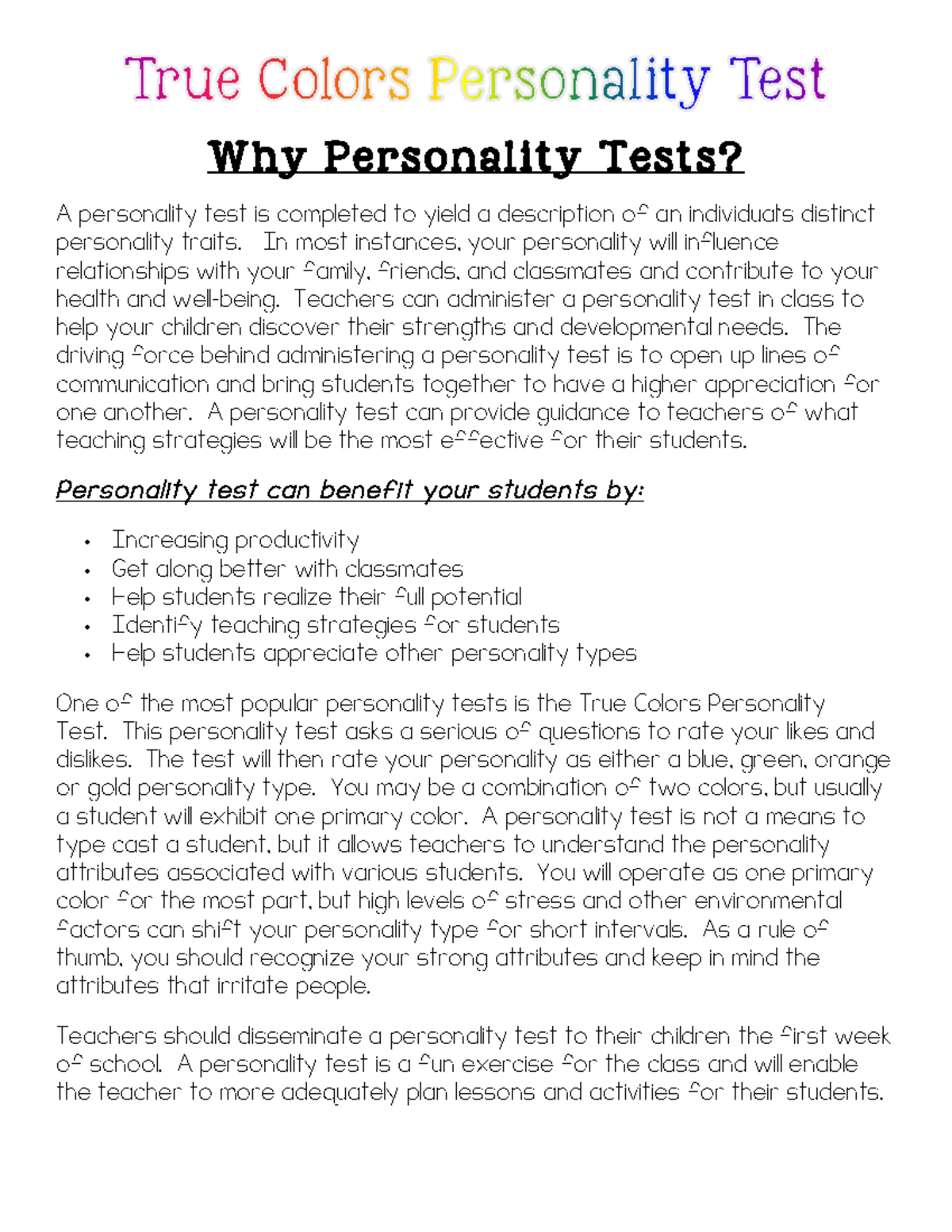 True Colors Test - Lecture notes 12,7 - Why Personality Tests? A ...