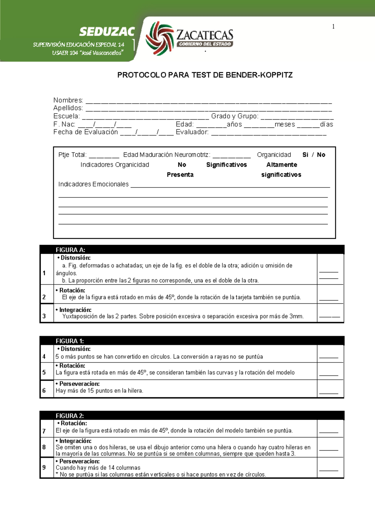 Protocolo Bender Koppitz - . PROTOCOLO PARA TEST DE BENDER-KOPPITZ ...