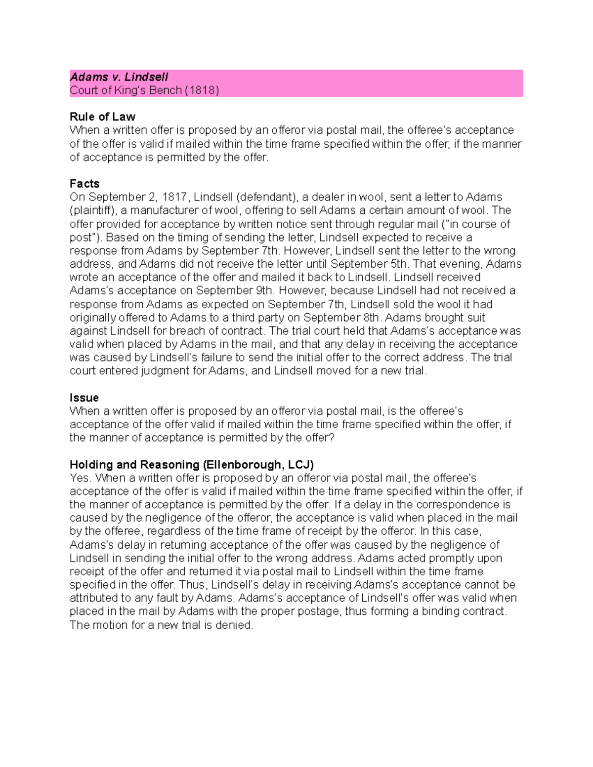 Adams v. Lindsell case brief - Adams v. Lindsell Court of King’s Bench ...
