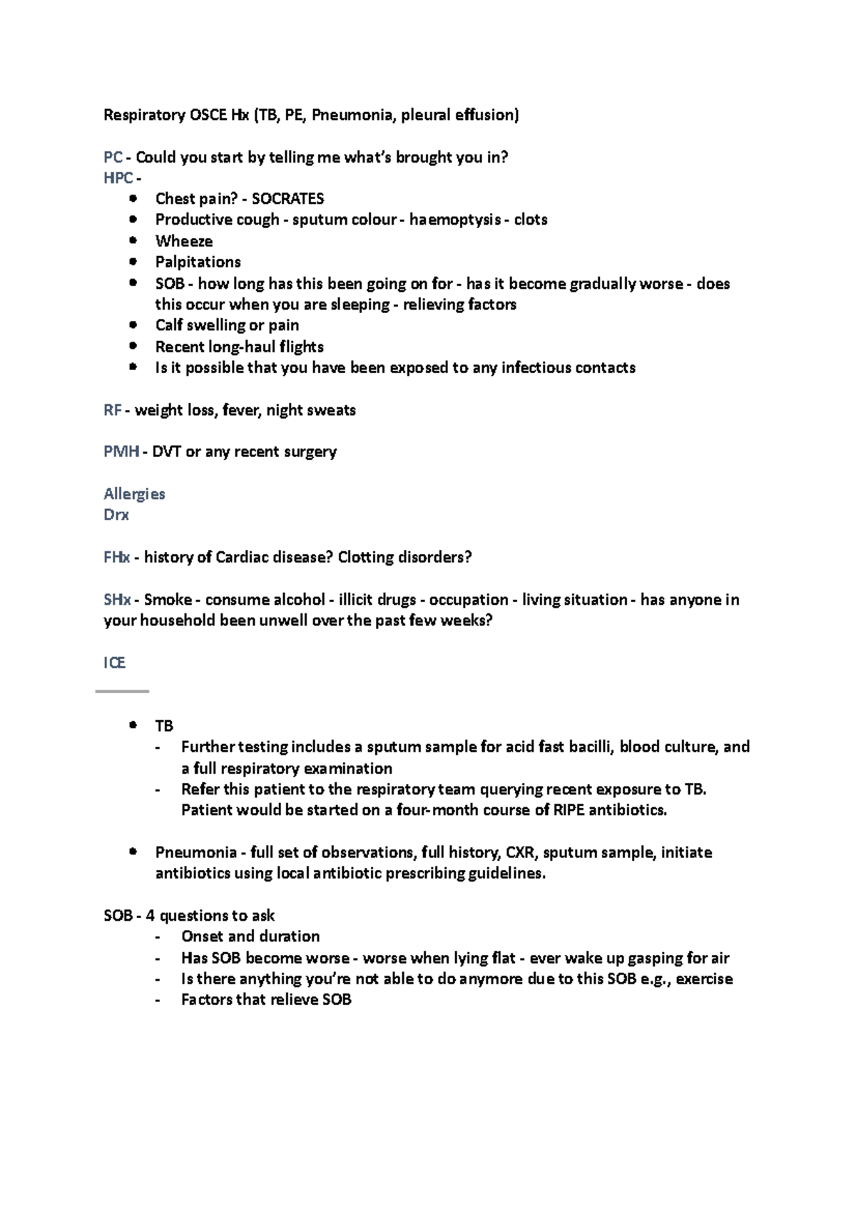 Respiratory History - Respiratory OSCE Hx (TB, PE, Pneumonia, pleural ...