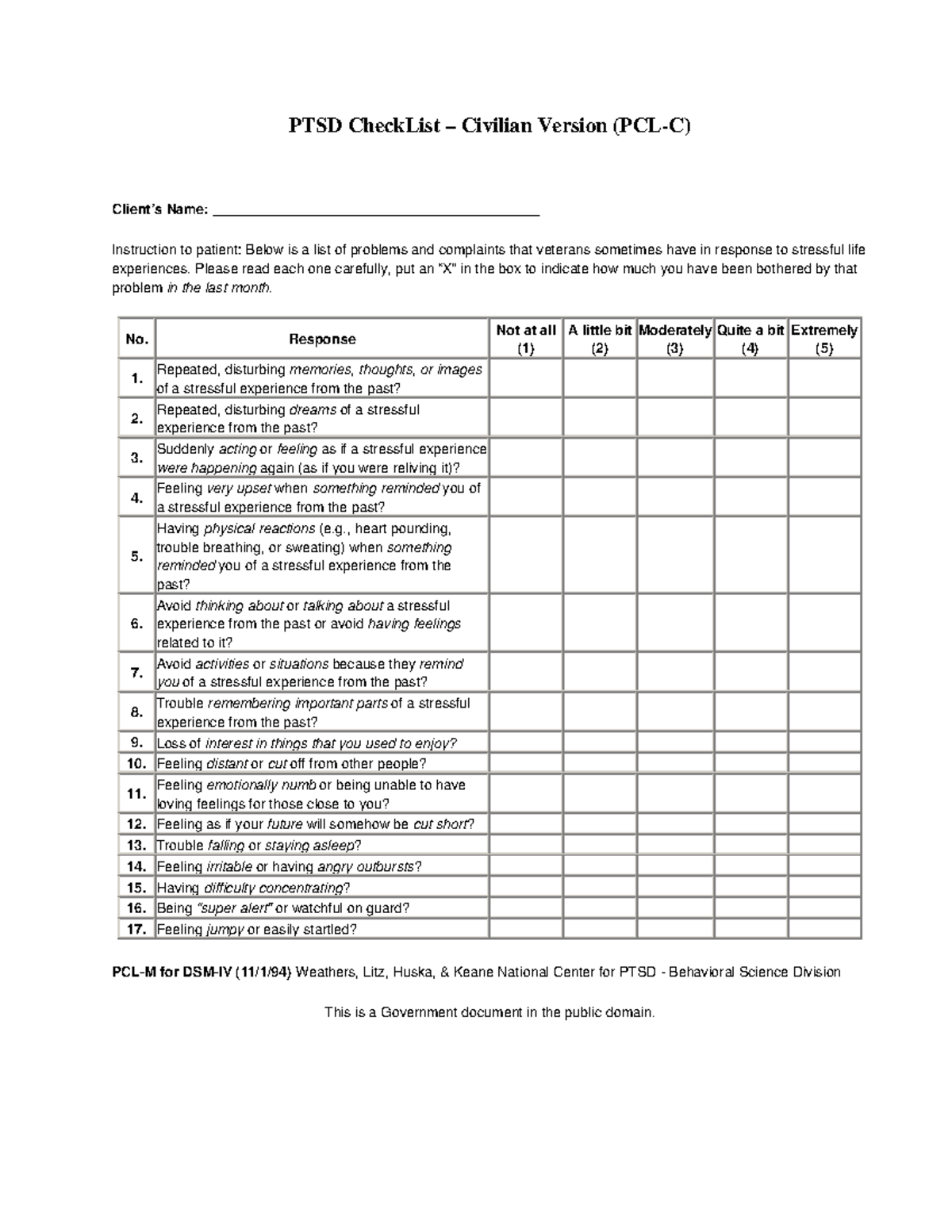 3 PTSD Check List and Scoring - PTSD CheckList – Civilian Version (PCL ...