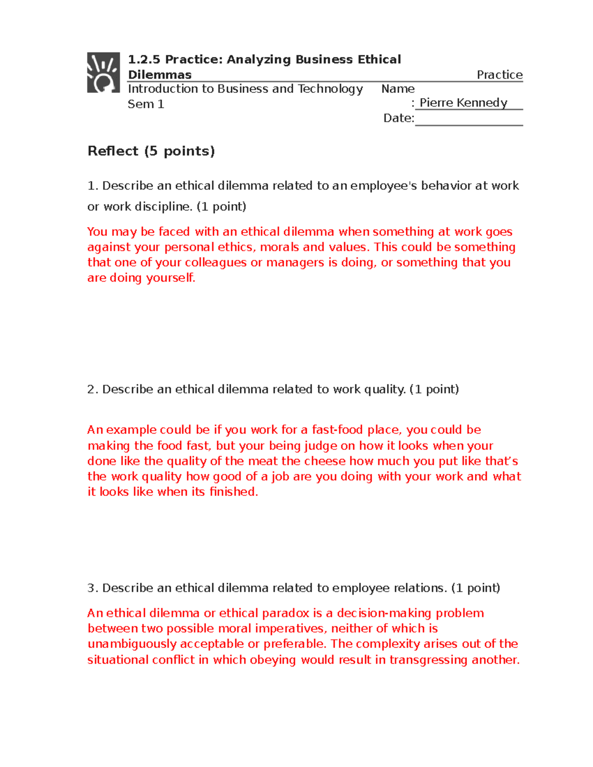 1.2.5 Practice - Analyzing Business Ethical Dilemmas (Practice) - 1.2 ...