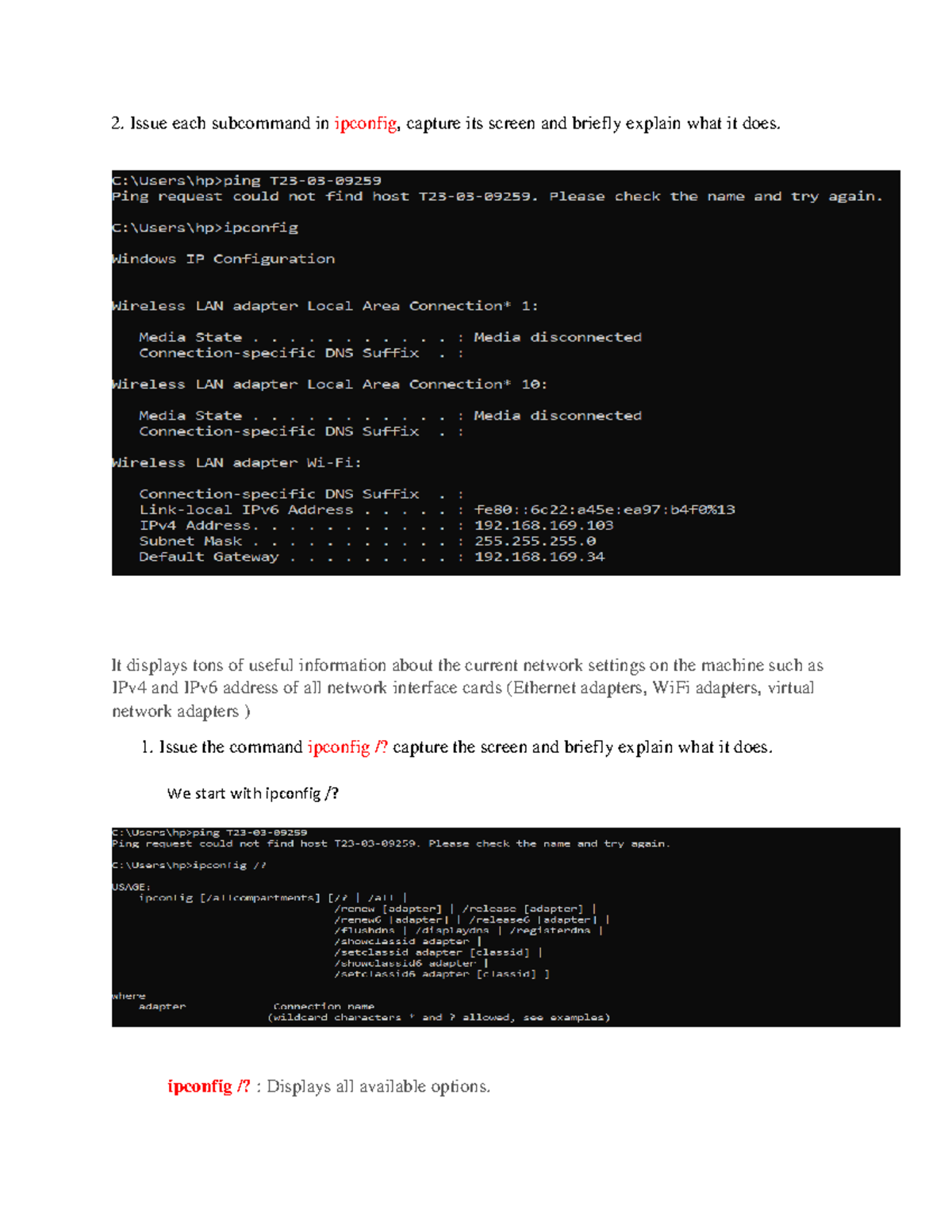 T23-03-09259 - Assignment - Issue each subcommand in ipconfig, capture its screen and briefly ...