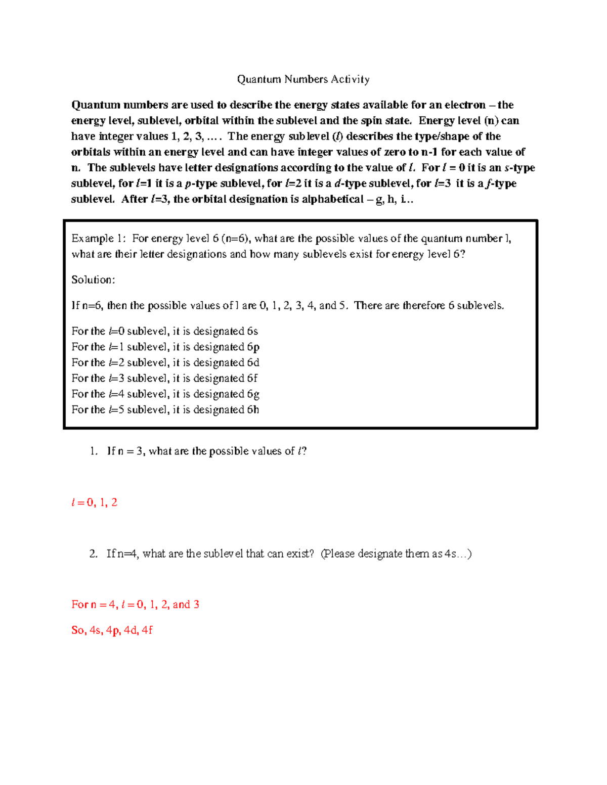 3.c Quantum Numbers key - Quantum Numbers Activity Quantum numbers are ...