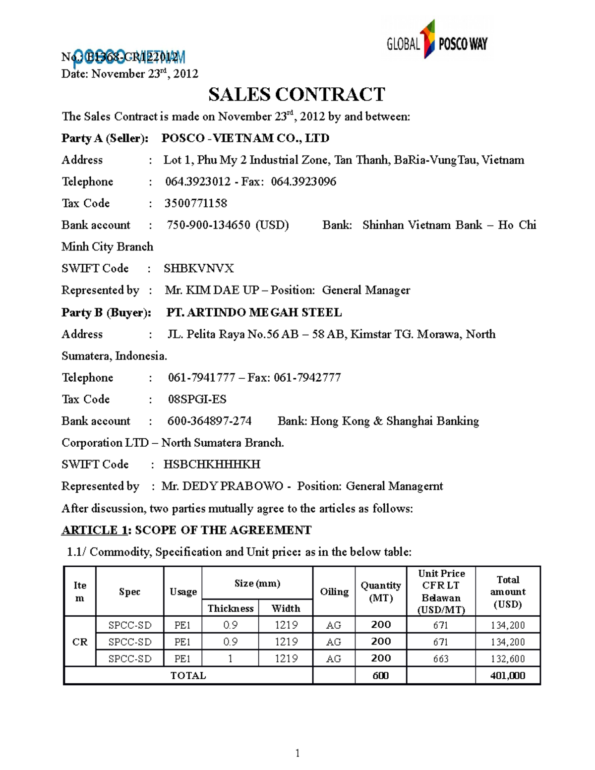 Sales Contract - TACNKTQT - No.: E1368-CR Date: November 23rd, 2012 ...