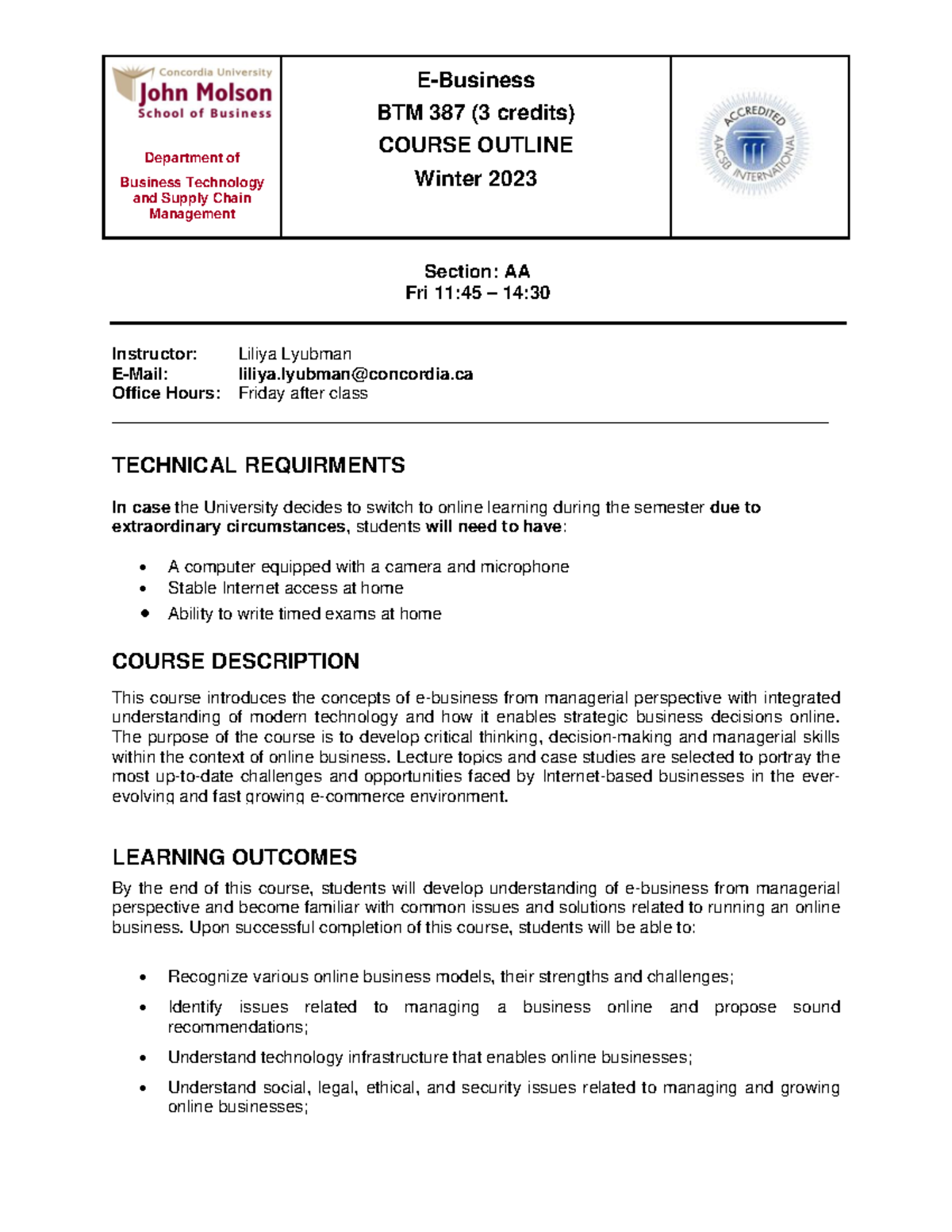 BTM 387 Winter 2023 Course Outline - Department of Business Technology ...