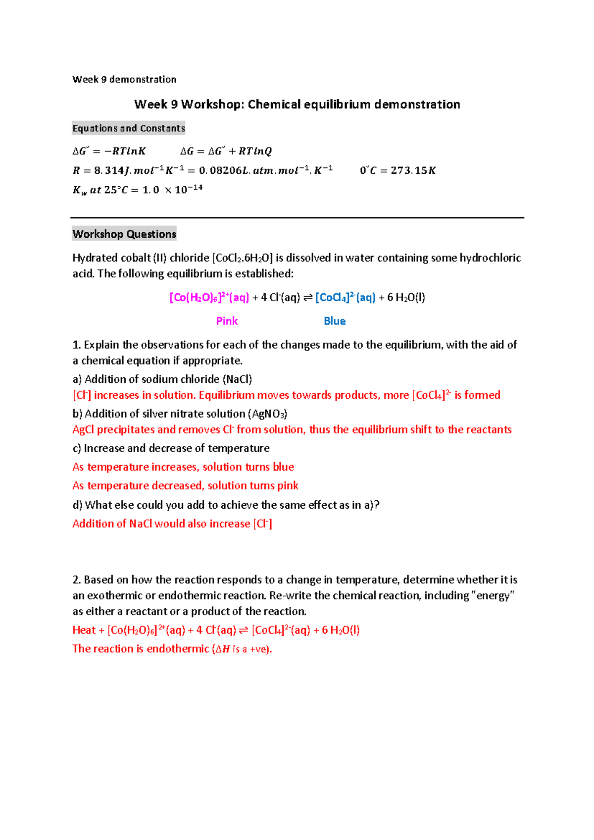 Week 9 demonstration answers - Week 9 demonstration Week 9 Workshop: Chemical equilibrium - Studocu