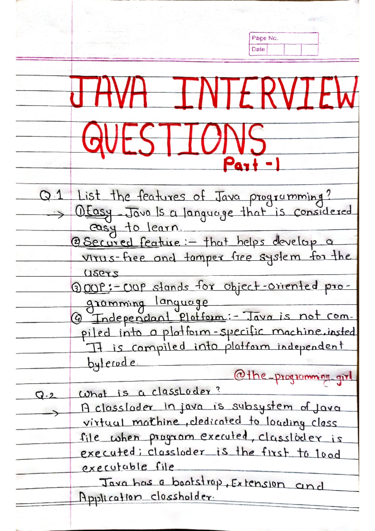 Java Interview Questions part-1 Handwritten - Page No. Date JAVA INTERVIEW QUESTIONS Part I Q1 ...