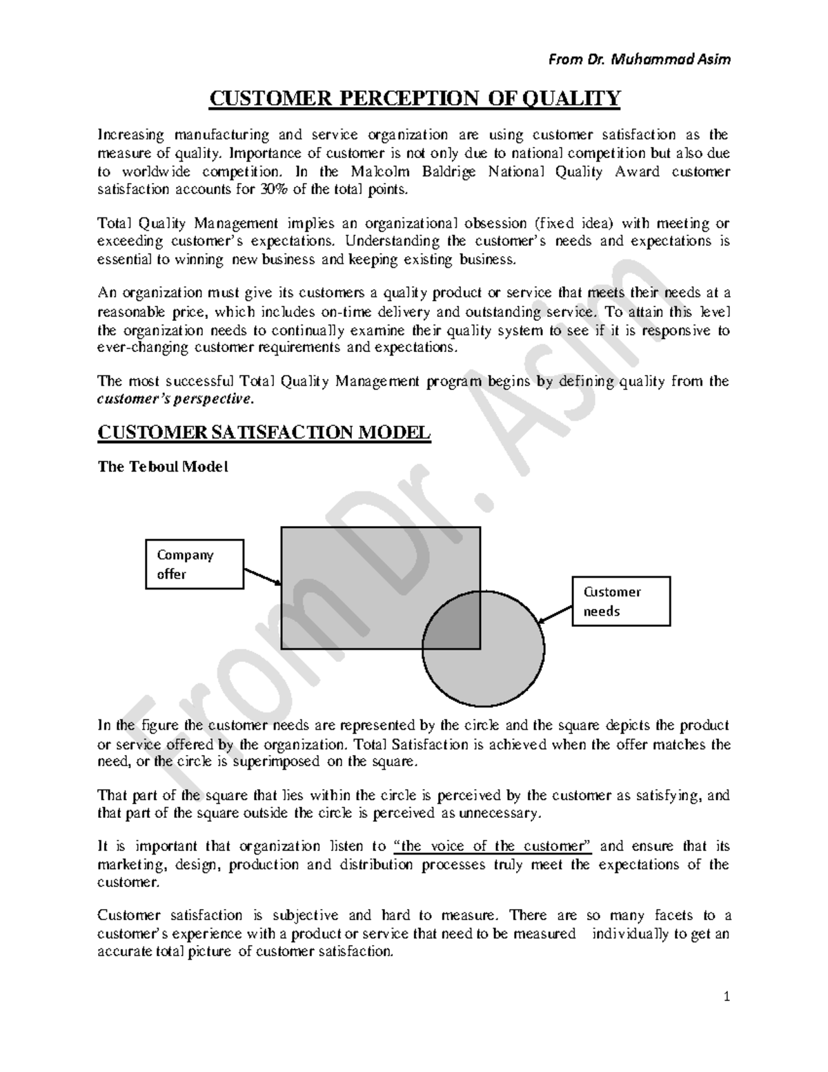 Customer Perception of Quality- Handout - CUSTOMER PERCEPTION OF ...