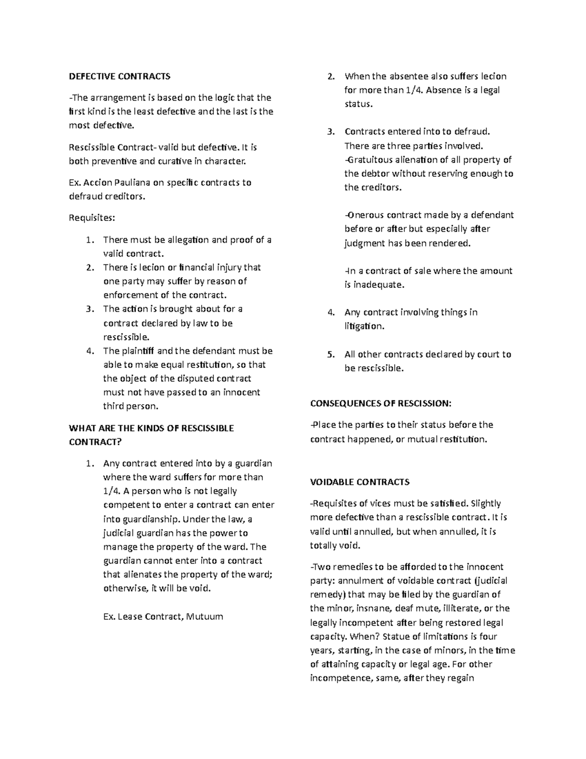 Defective Contracts - This is for oblicon - DEFECTIVE CONTRACTS -The arrangement is based on the ...