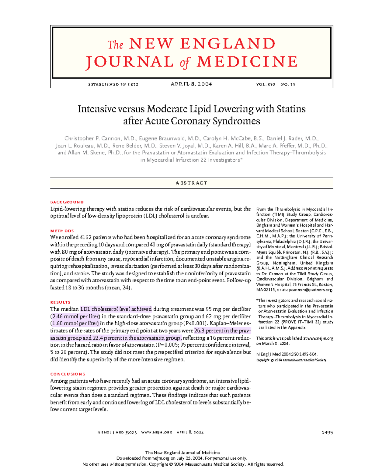6. Cannon 2004 - n engl j med 350;15 nejm april 8, 2004 1495 The new ...