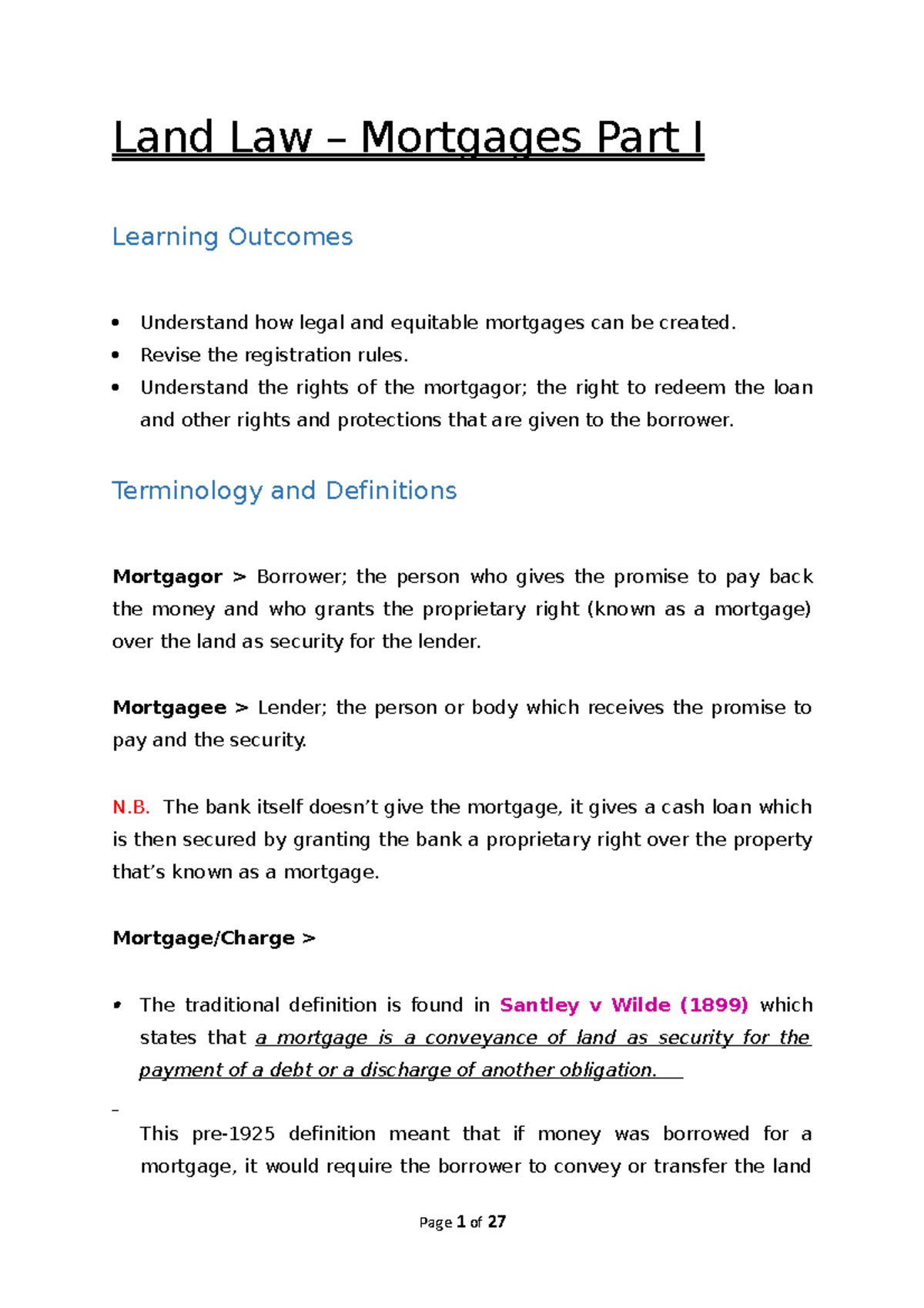 Land Law Mortgages - Land Law – Mortgages Part I Learning Outcomes ...