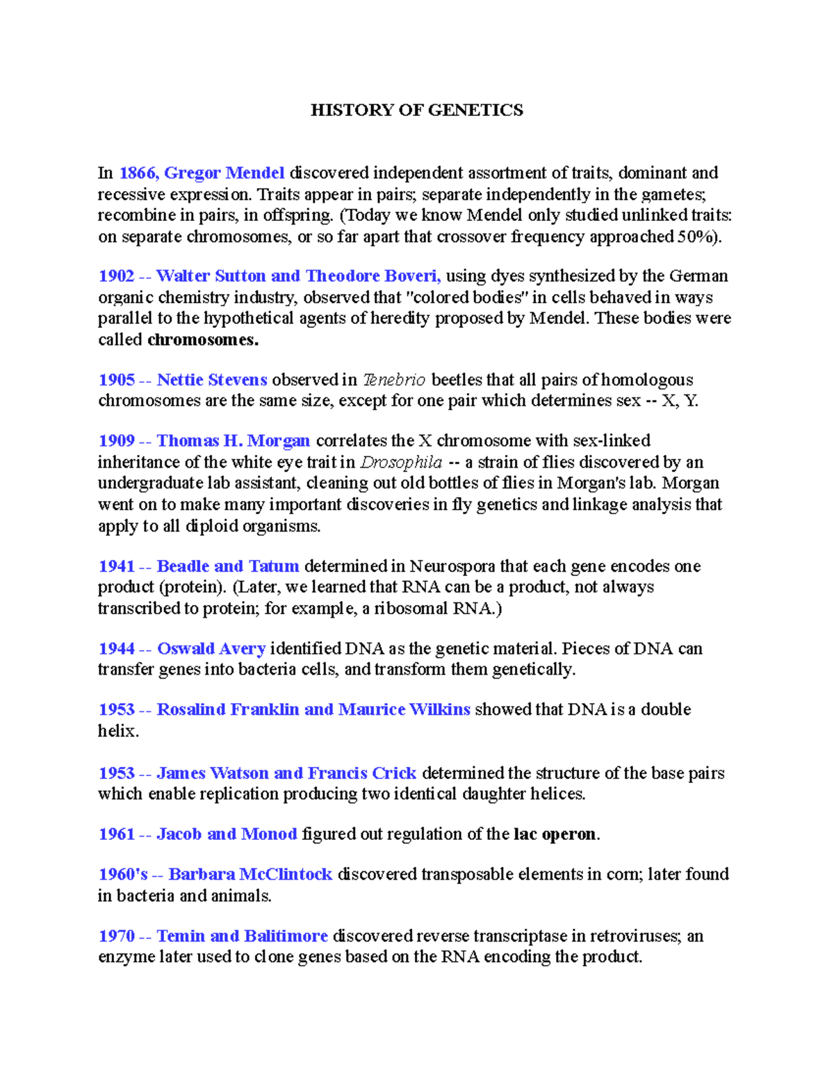 History OF Genetics - Lecture notes 1-5 - HISTORY OF GENETICS In 1866 ...