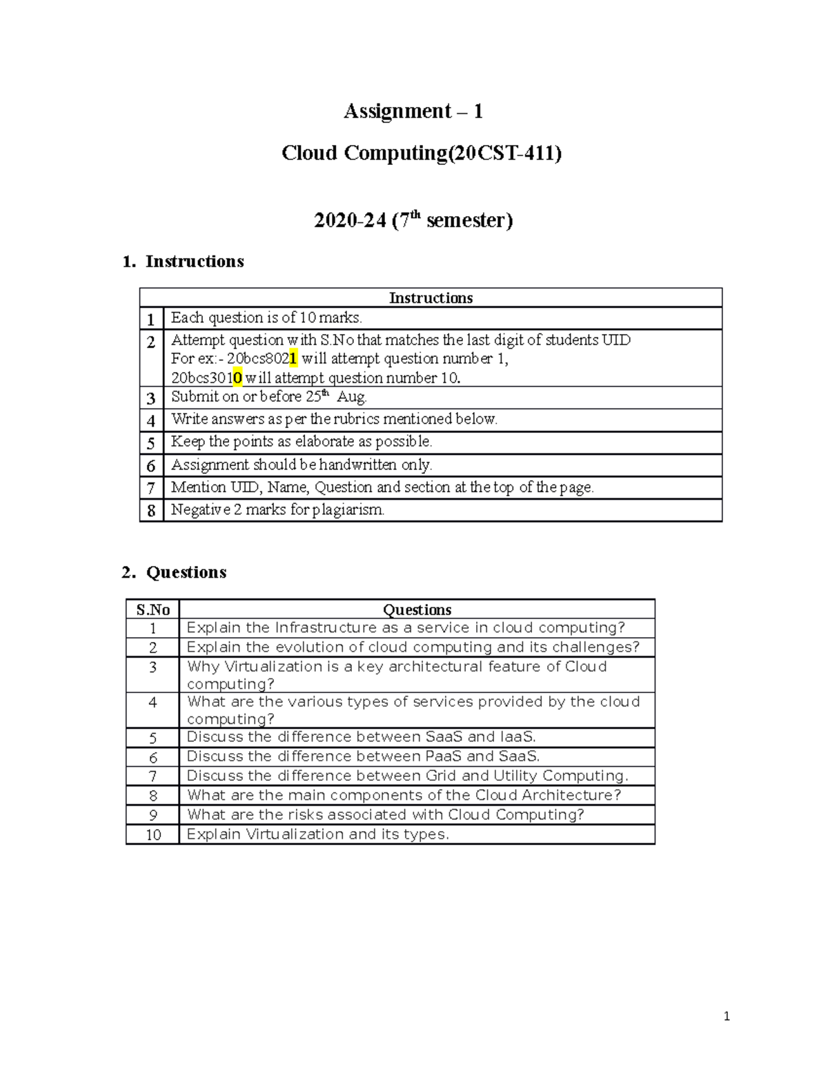 Assignment 1- Cloud Computing - Assignment – 1 Cloud Computing(20CST-411) 2020-24 ( th semester ...