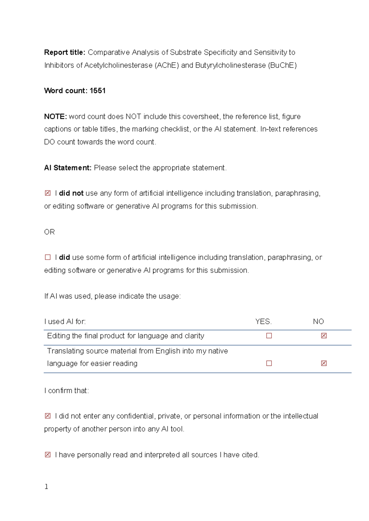 MEDS2002 Prac Report Cholinesterases - Report title: Comparative ...