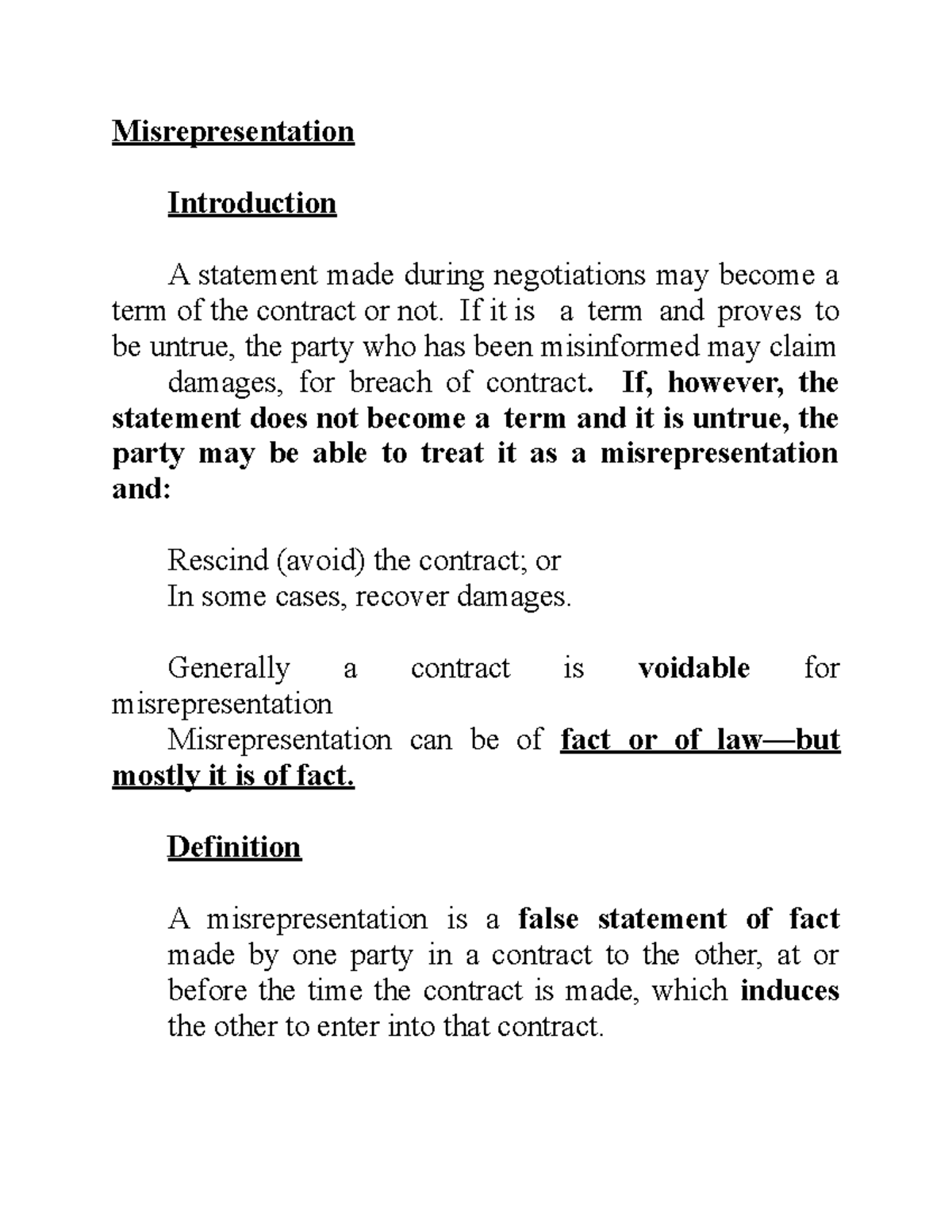 Misrepresentation-class briefs-1 - Misrepresentation Introduction A ...