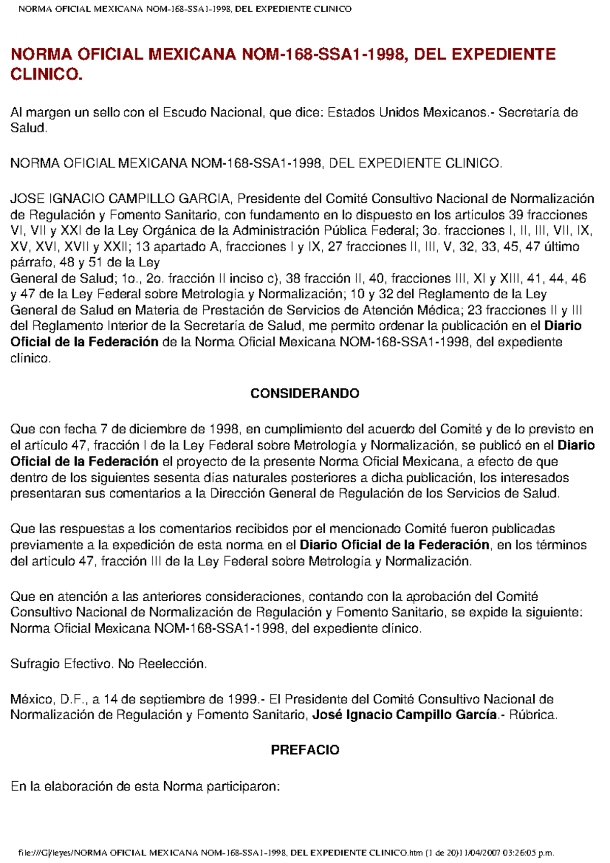 Nom 01 - NORMA OFICIAL MEXICANA NOM-168-SSA1-1998, DEL EXPEDIENTE ...