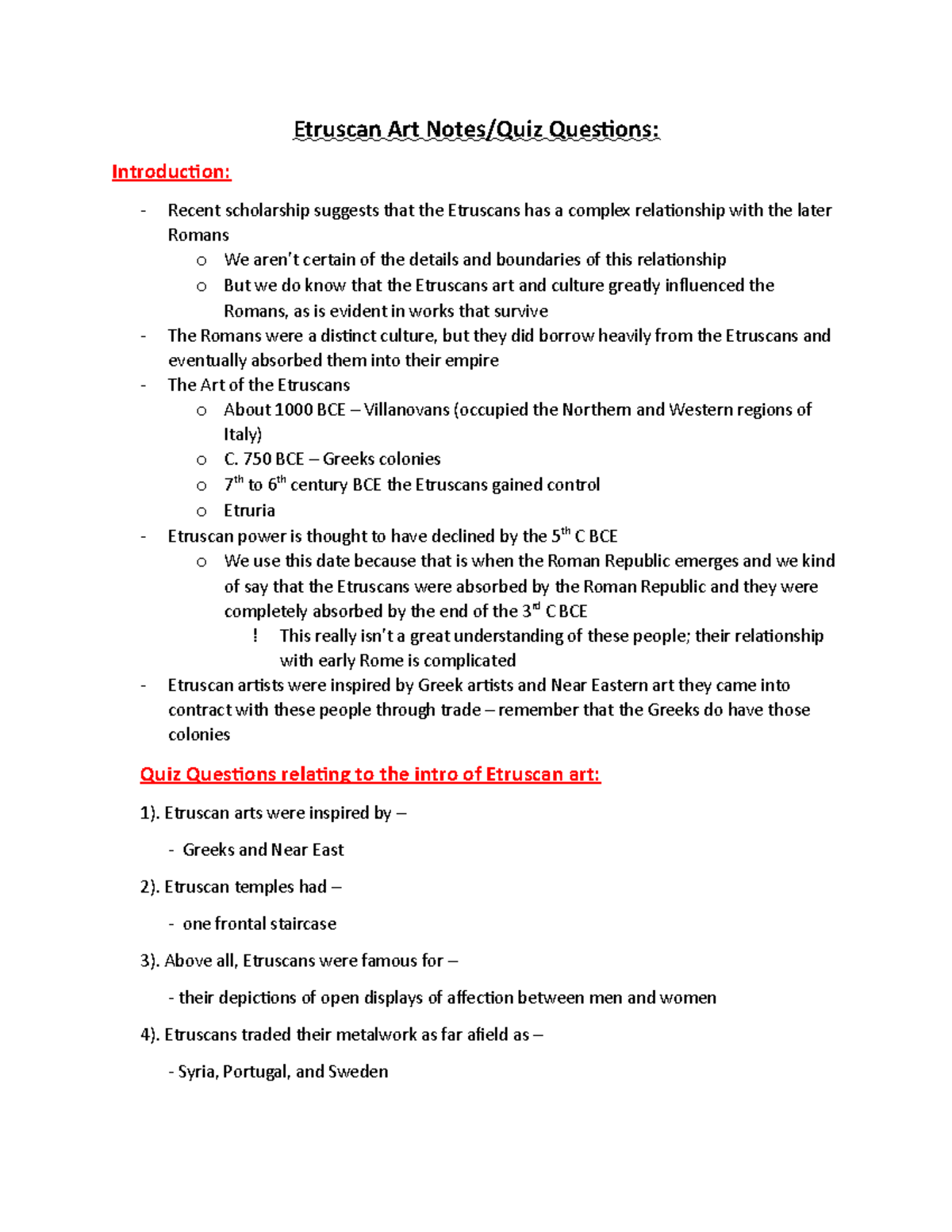 ARTH - module 9 notes and quiz questions - Etruscan Art Notes/Quiz ...