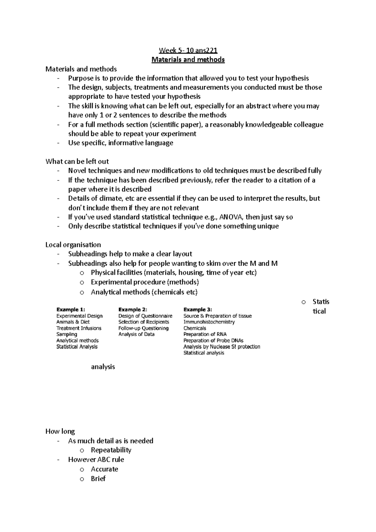 Week 5-10 ans221 - lecture ntoes - Week 5- 10 ans Materials and methods ...