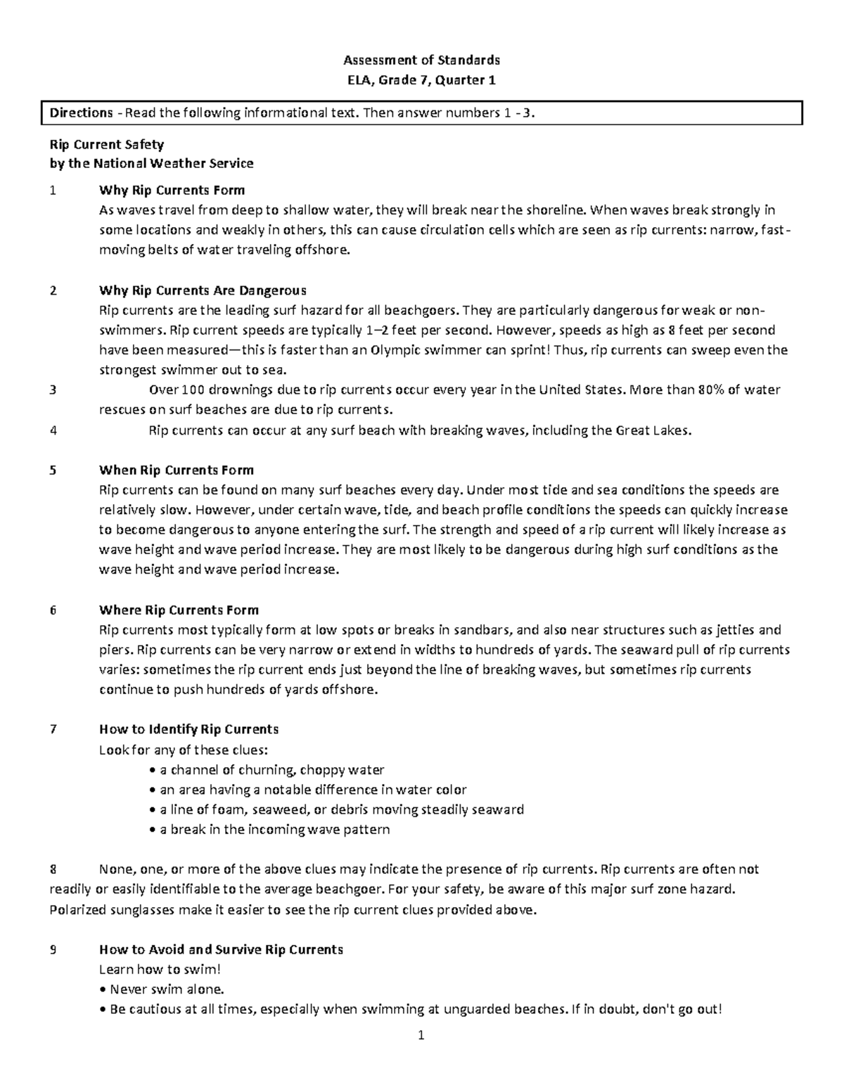 7.1AOS - Assessment of Standards ELA, Grade 7, Quarter 1 Directions ...