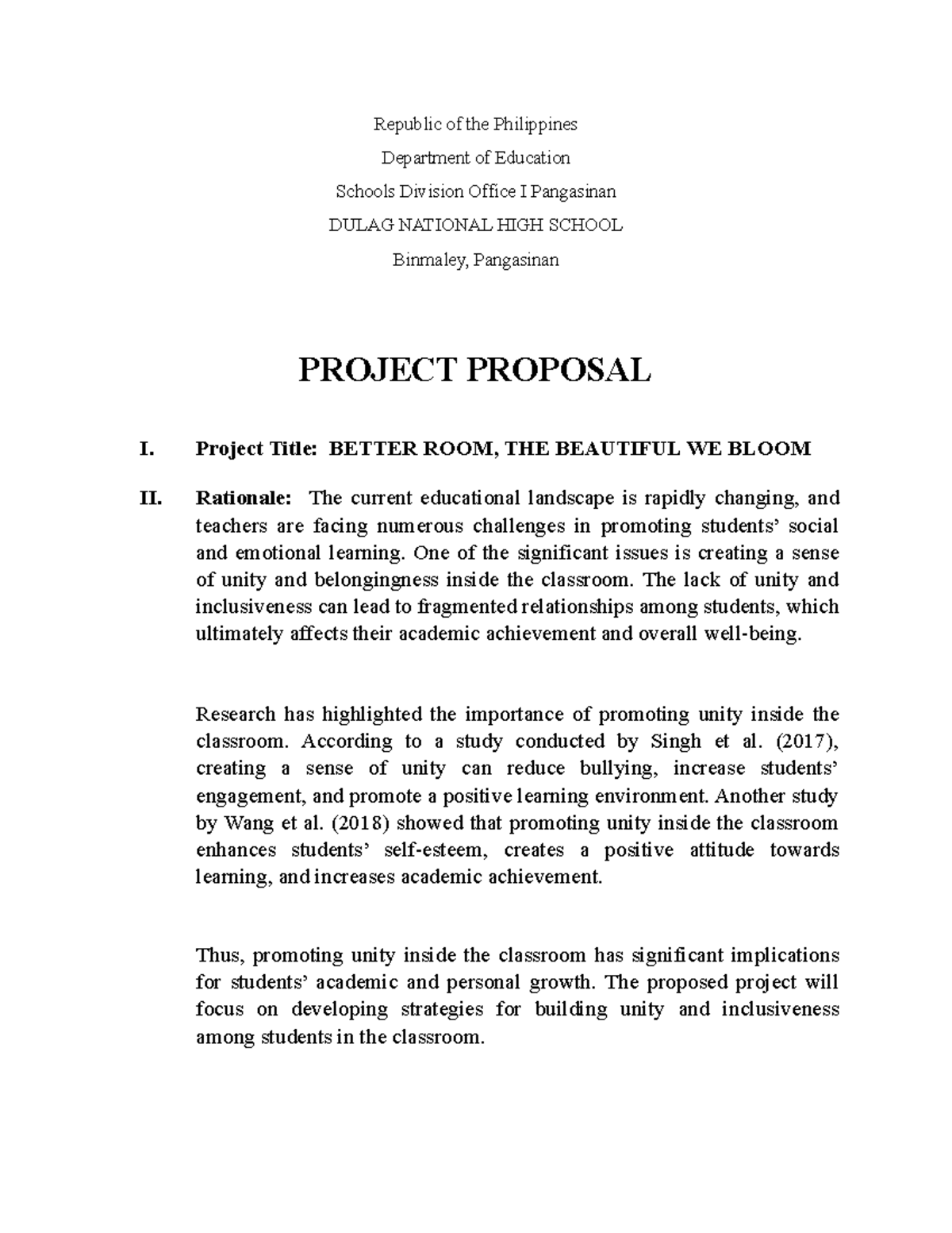 Project Proposal ( Unity) - Republic of the Philippines Department of ...