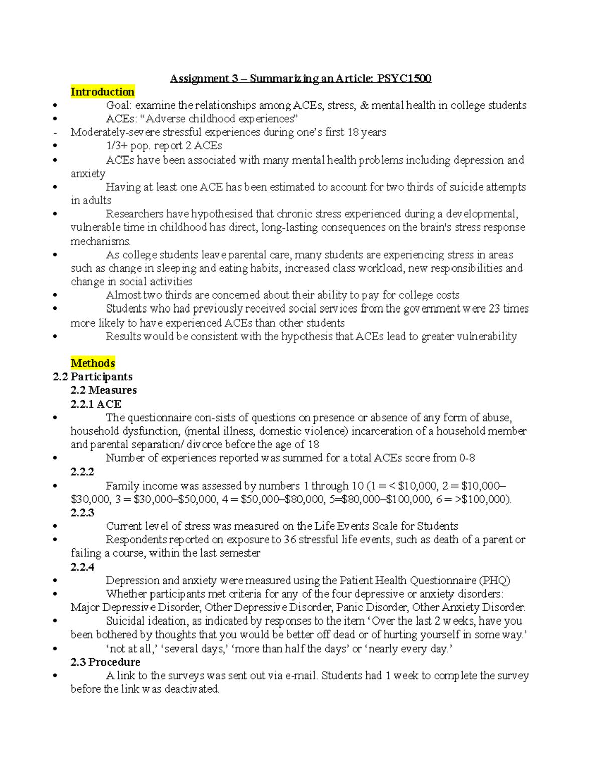 Assignment 3-PSYC1500 - Assignment 3 – Summarizing an Article: PSYC ...