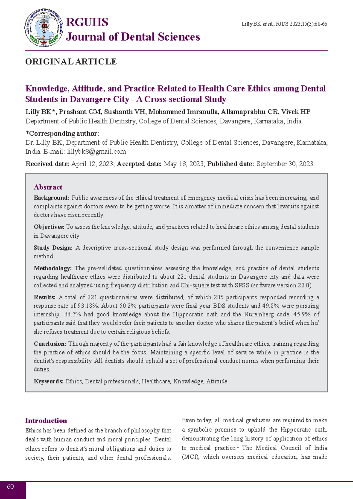 18. Knowledge, Attitude, and Practice - RGUHS Journal of Dental ...
