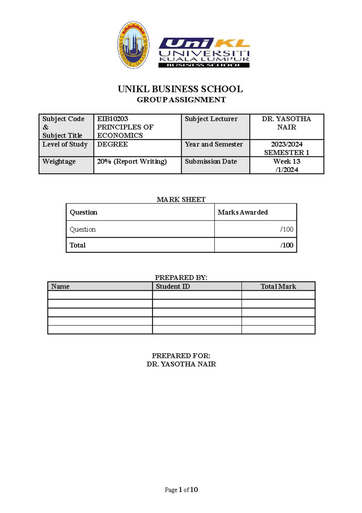 Group Assignment l - UNIKL BUSINESS SCHOOL GROUP ASSIGNMENT Subject ...