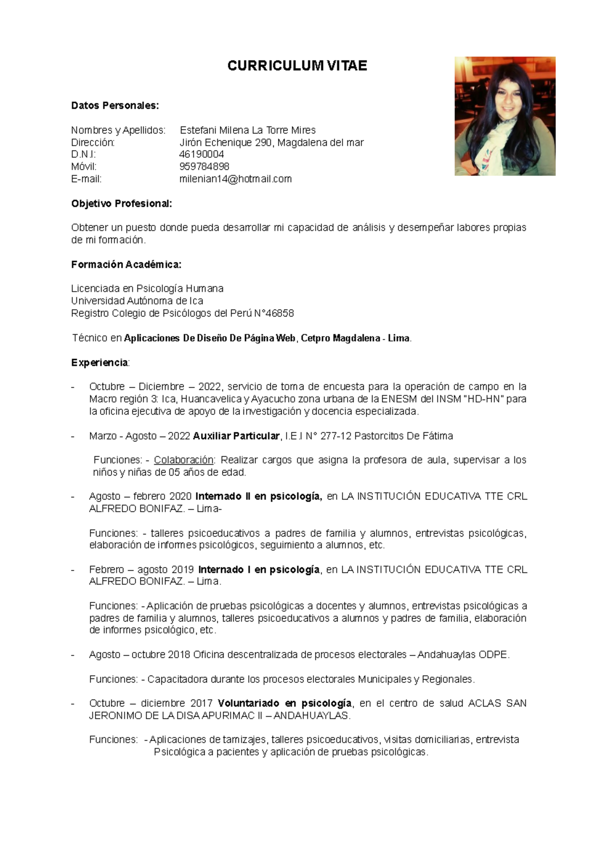 Curriculum documentado Emltm - CURRICULUM VITAE Datos Personales: Nombres y Apellidos: Estefani ...