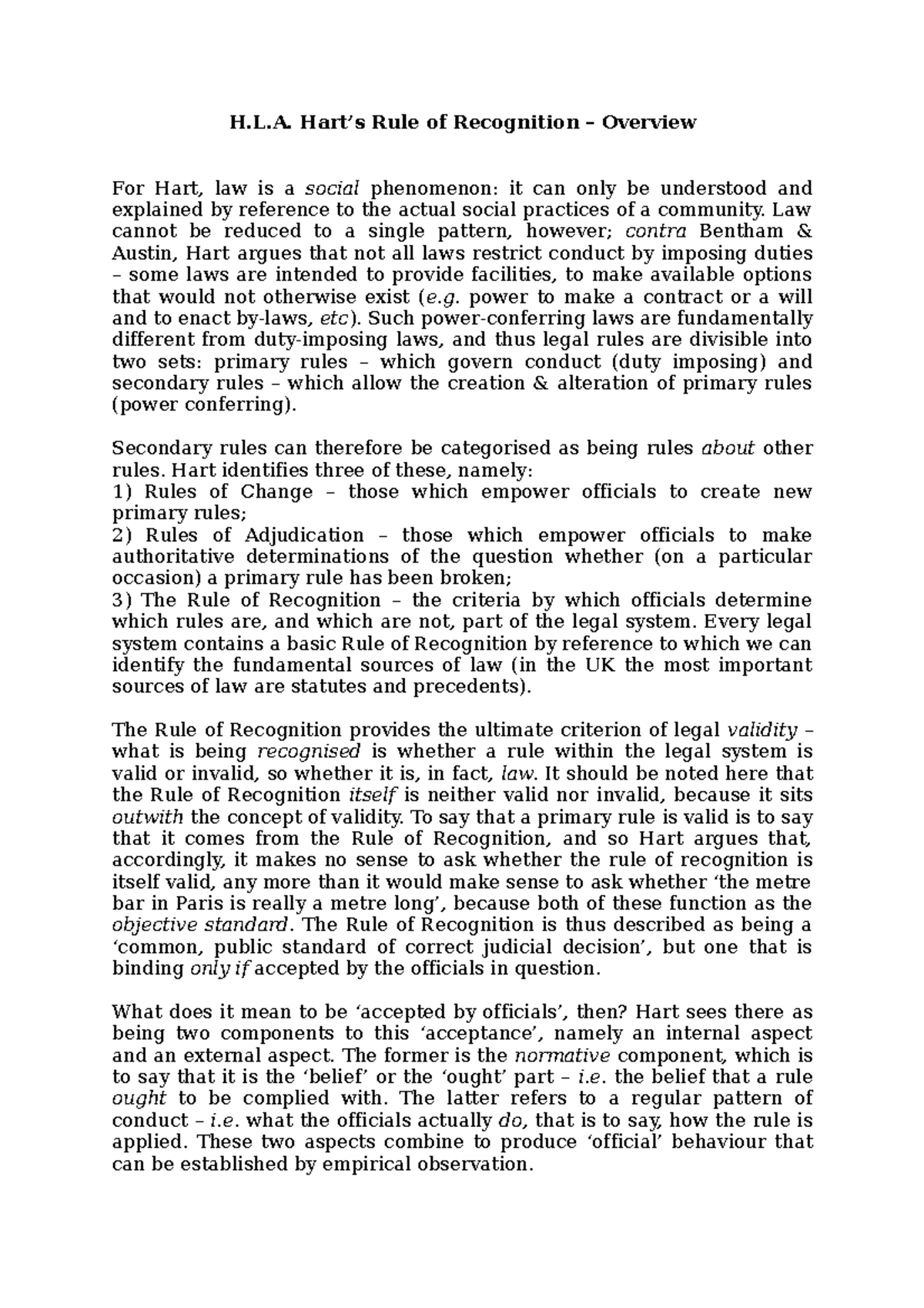 Hart Rule of Recognition overview - H.L. Hart’s Rule of Recognition ...