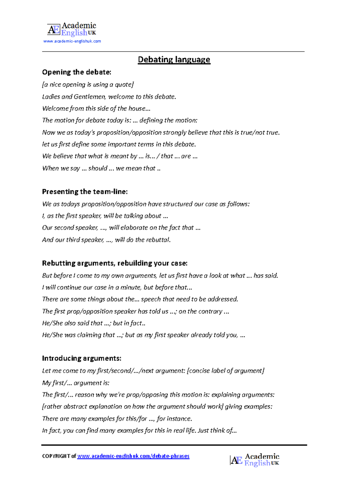 Debating language AEUK - academic-englishuk COPYRIGHT of academic ...