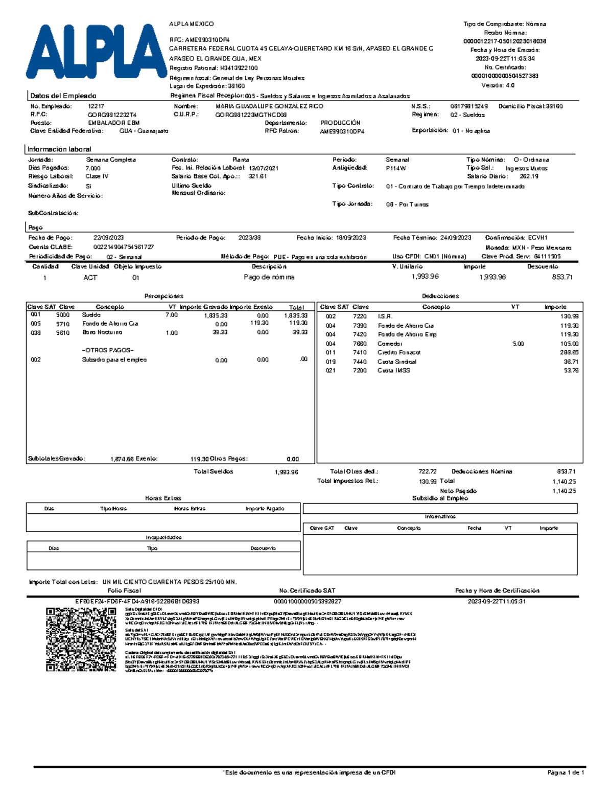 CFDI 12217 18 038 2023 - Tecnologias - Tipo de Comprobante: Nómina ...