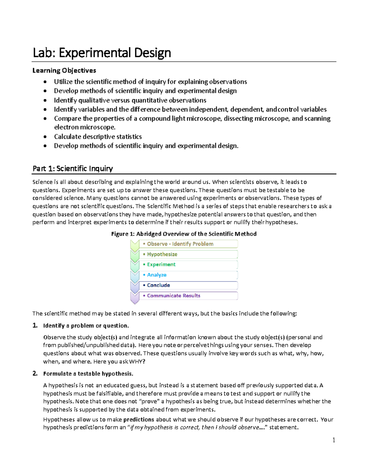 BIOL 1406, Lab #2 - Experimental Design - Lab: Experimental Design Learning Objectives • Utilize ...