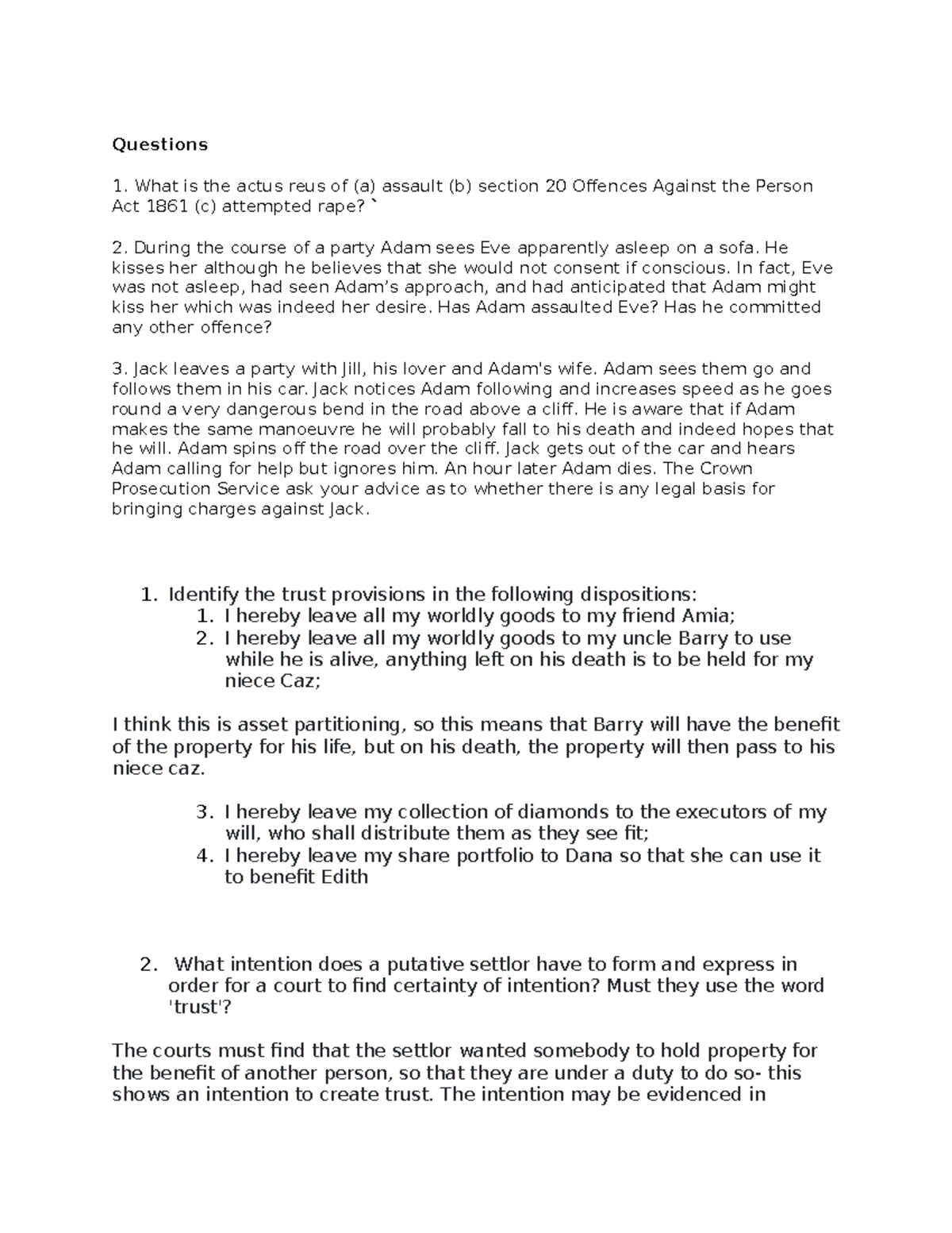 Equity and trusts tutorial 1 - Questions What is the actus reus of (a ...