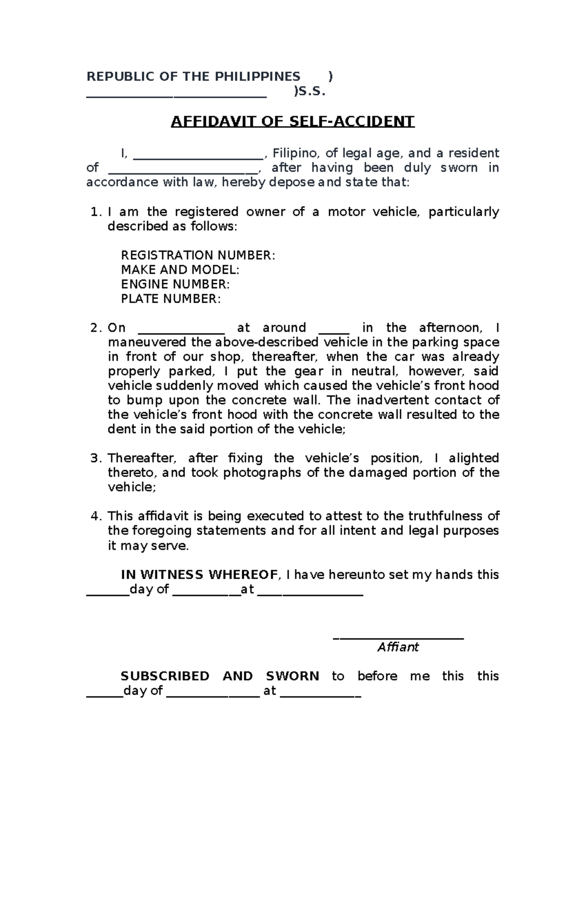 Affidavit of Self Accident Insurance - REPUBLIC OF THE PHILIPPINES