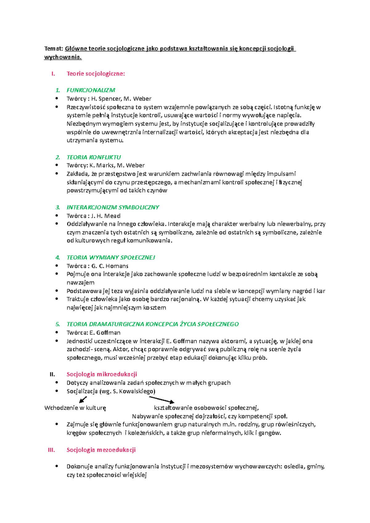 Socjologia-wych - Temat: teorie socjologiczne jako podstawa koncepcji socjologii wychowania. I ...